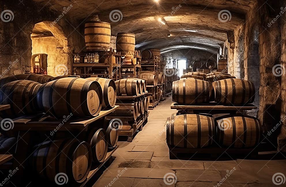 Old Cellar with Bottles and Barrels Under Castle Making Wine Stock ...