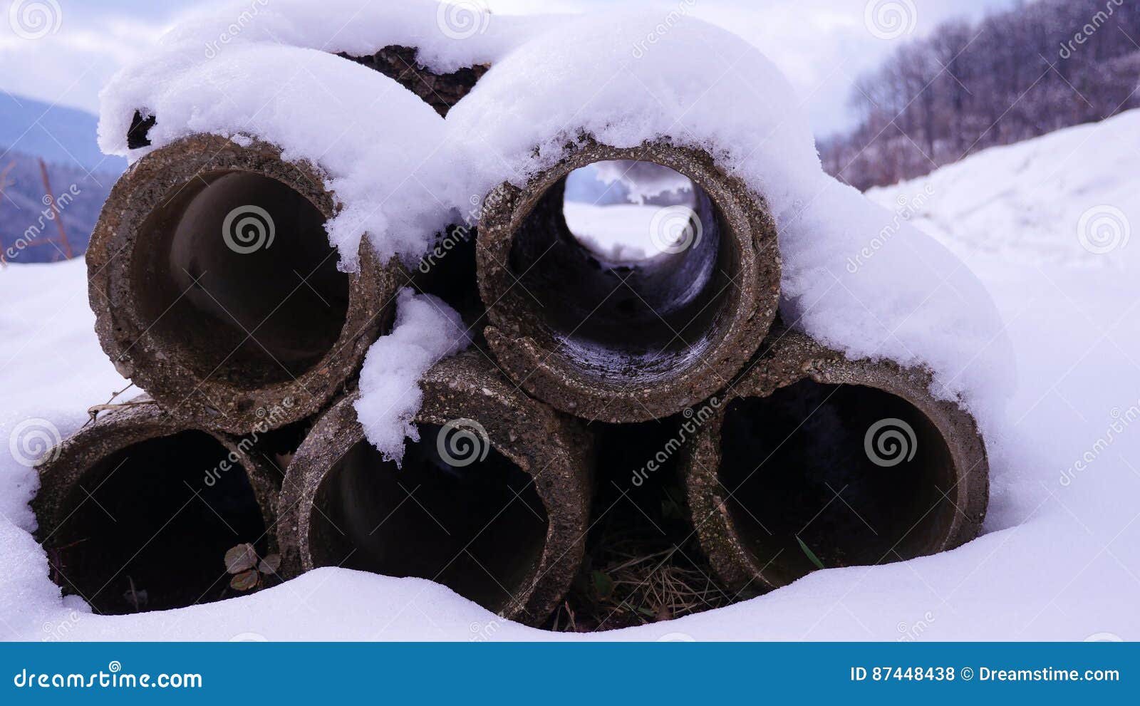 Old cement drain pipes stock photo. Image of flow, piled - 87448438