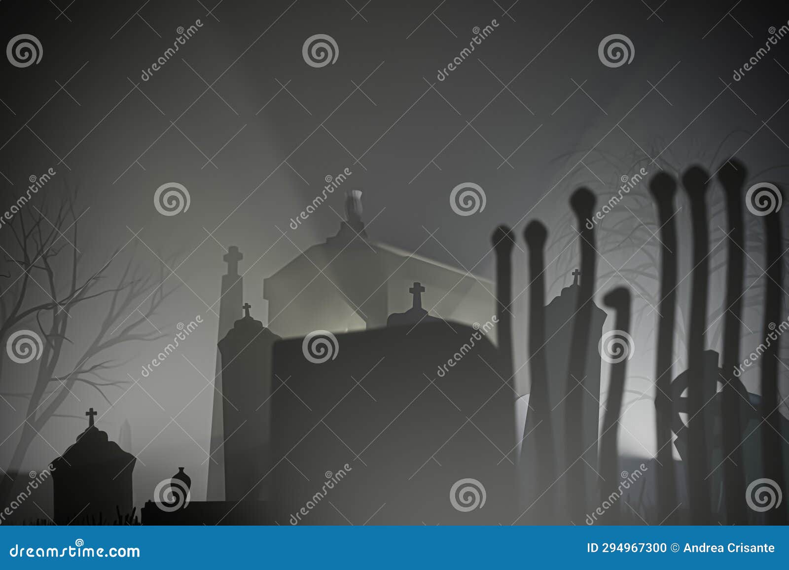 Cemetery At Night, With A Full Moon Shining Down On The Graves And ...
