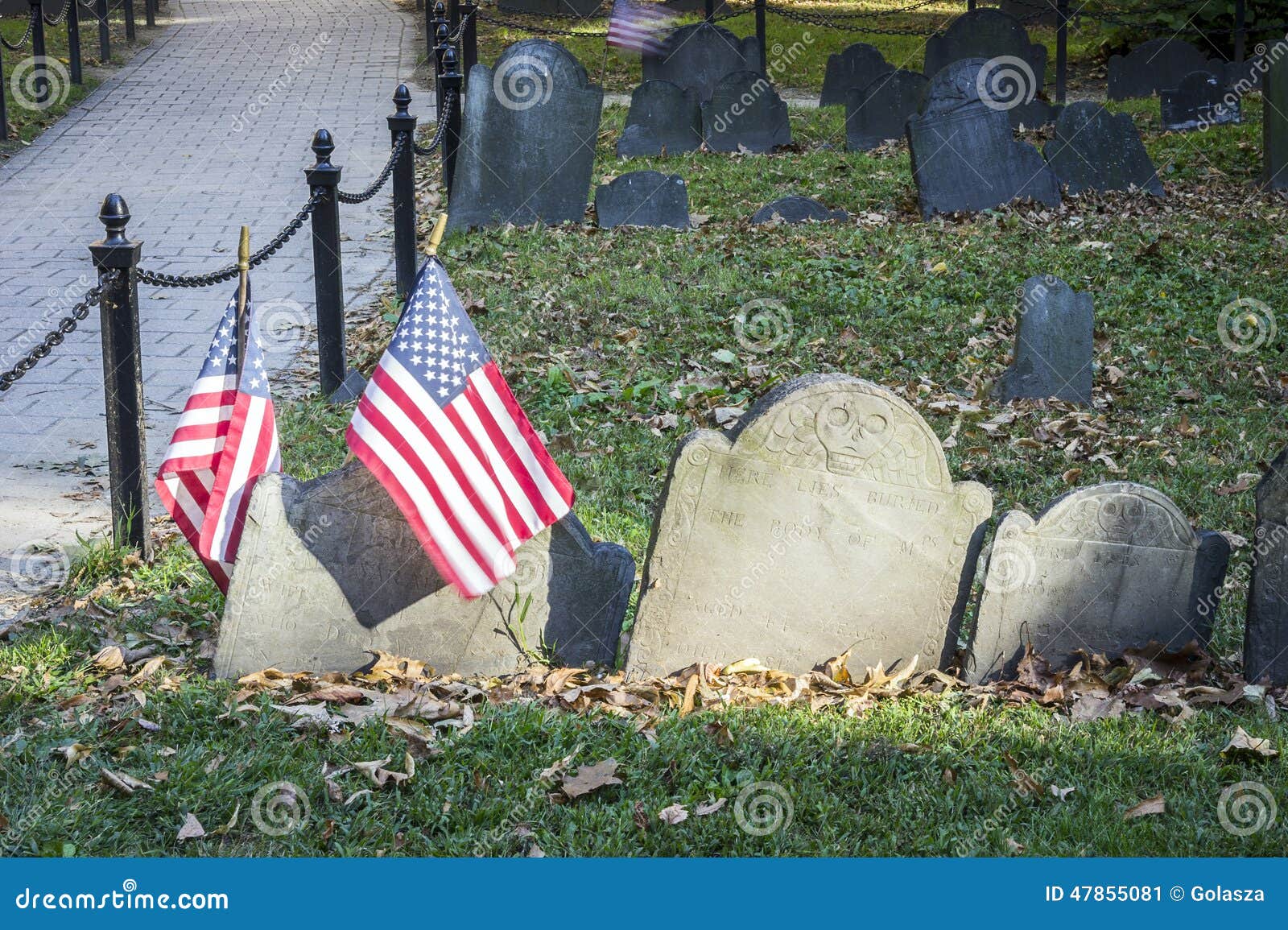 Old Cemetery with US Flags in Boston, USA Stock Image - Image of ...