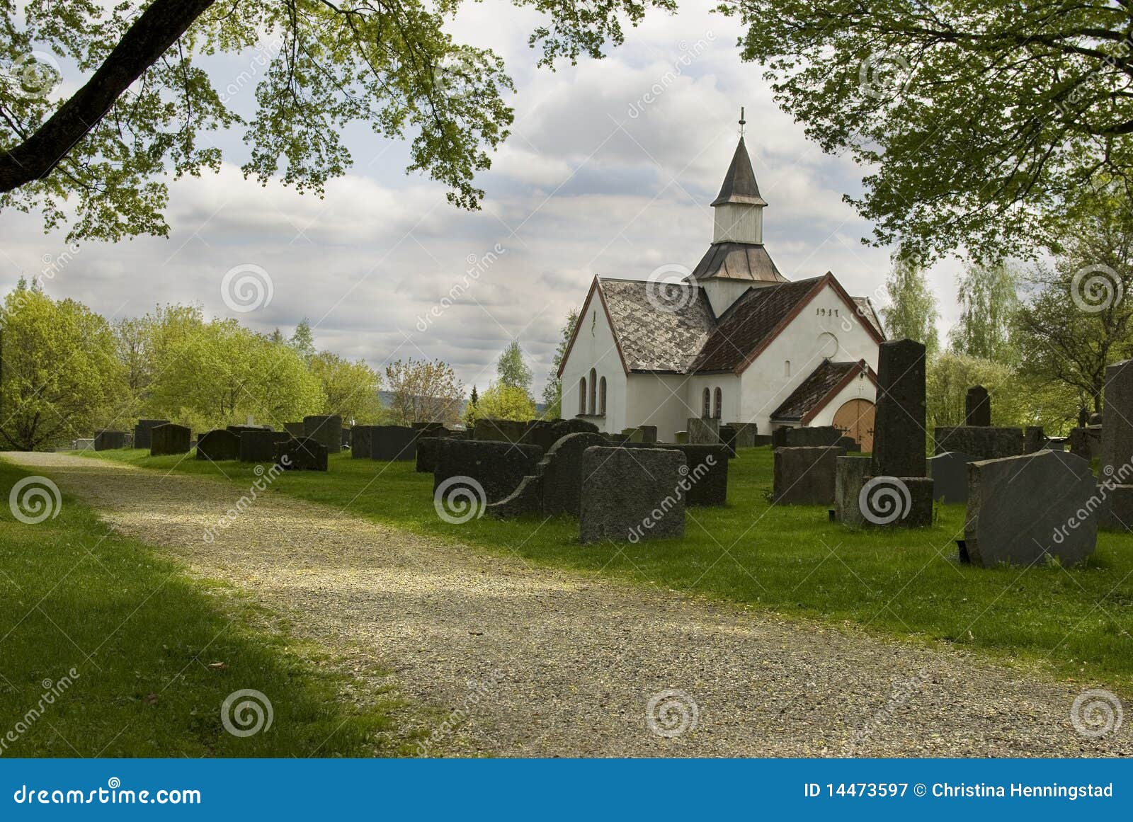 Old Cemetery with White Church Stock Image - Image of gravestone ...