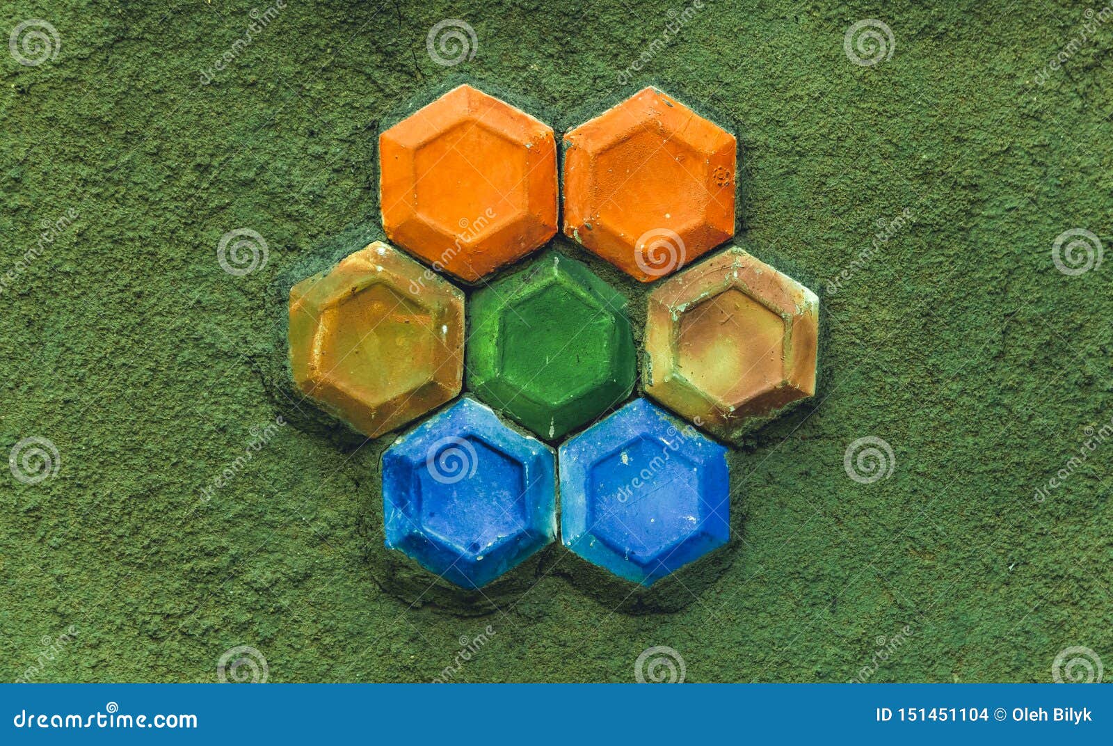 Old Ceramic Painted Building Tiling on a Green Plaster Stock Photo ...