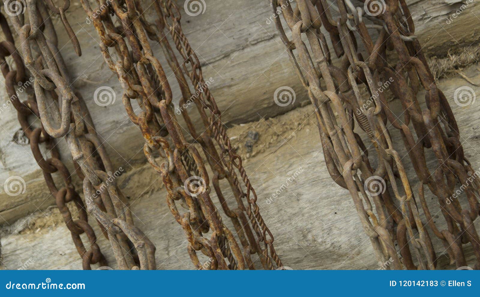 Old Chains Hang on a Wooden Log Wall Stock Image - Image of chains ...