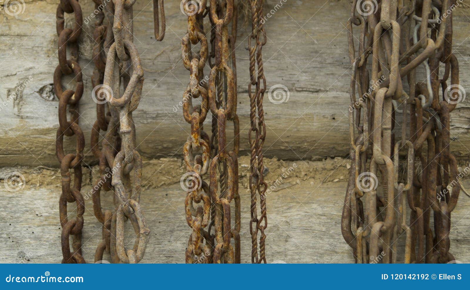 Old Chains Hang on a Wooden Log Wall Stock Photo - Image of wood ...