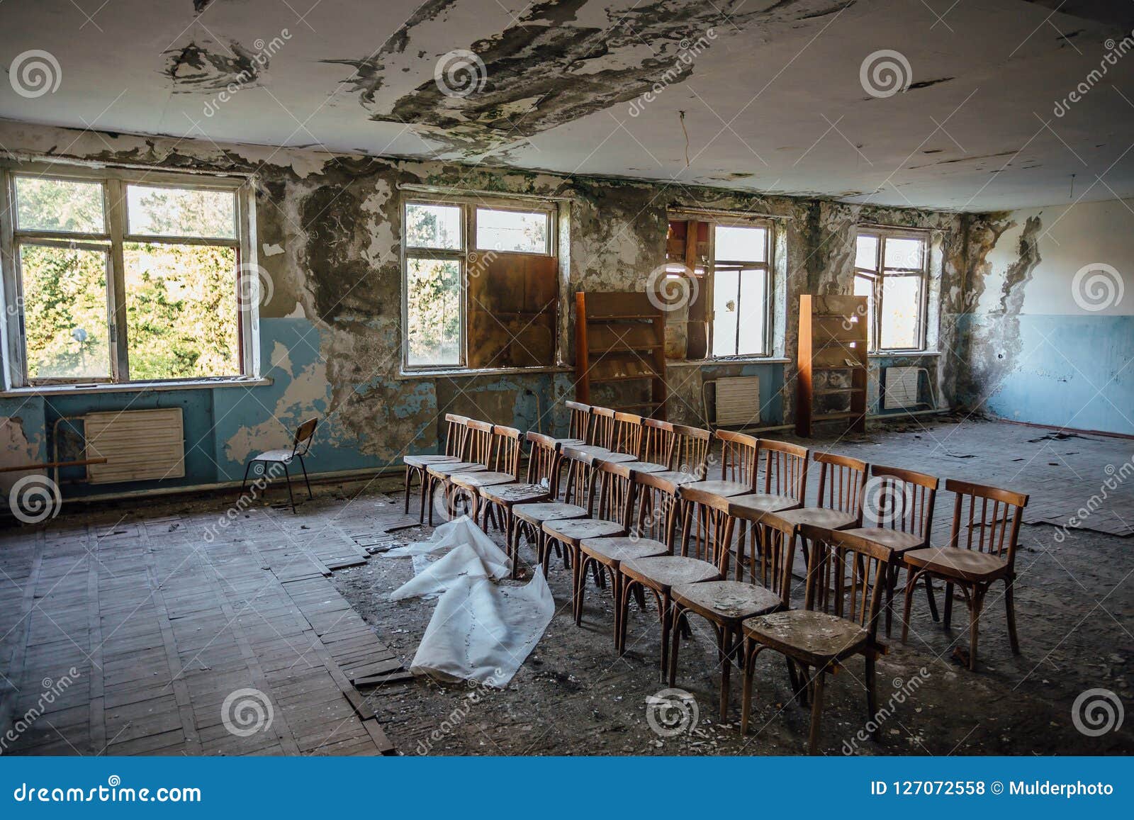 Old Chairs in Assembly Hall of Abandoned Factory Stock Photo - Image of ...