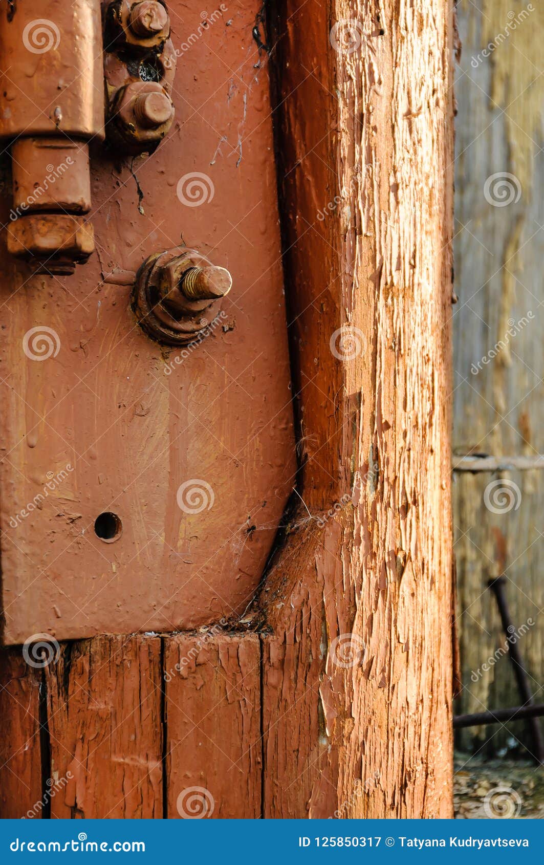 Old Chapped Log Painted Brown with Massive Gate Hinge Stock Image ...