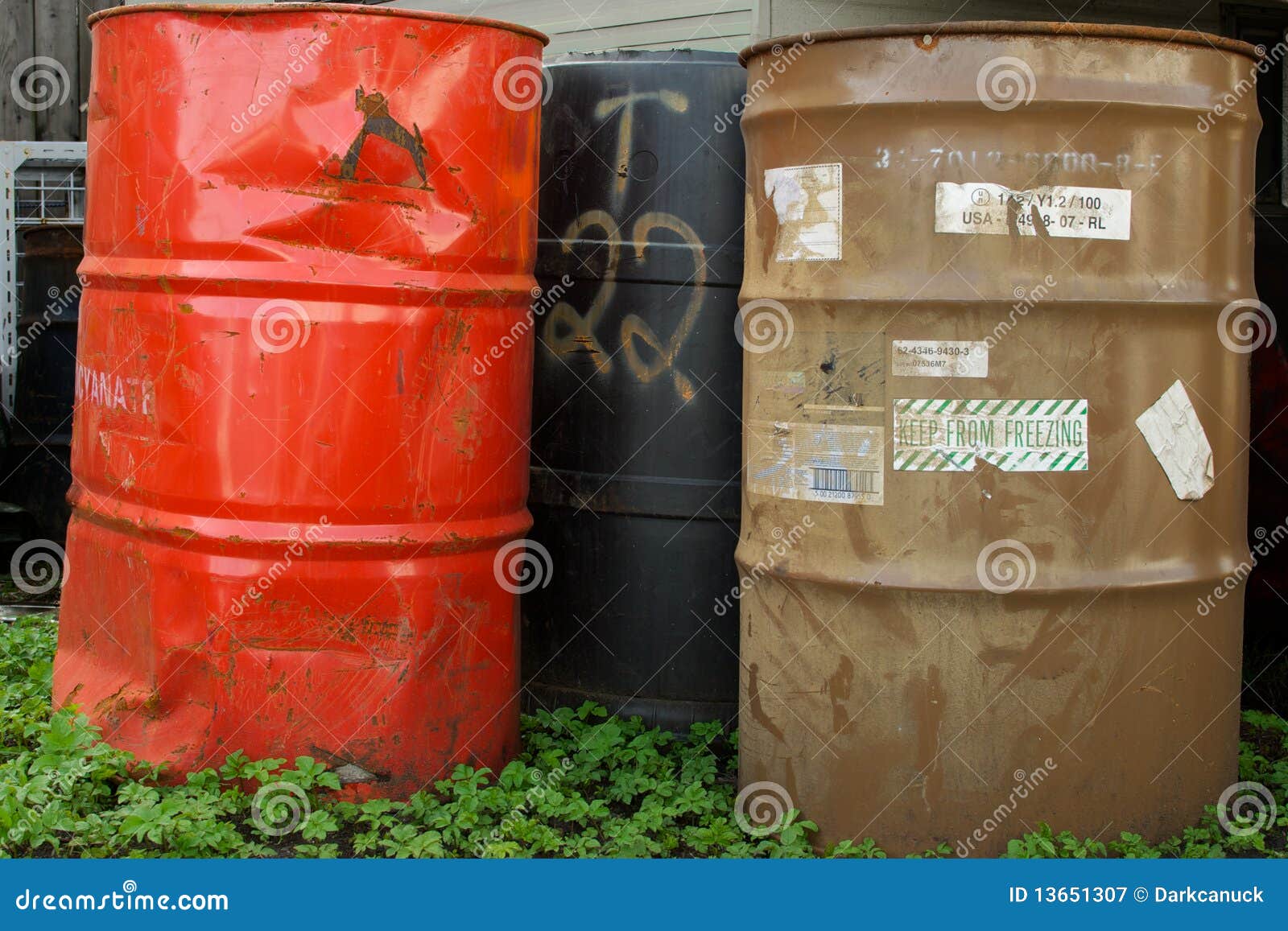 Old Chemical Barrels in Clover Stock Image - Image of grungy, container ...