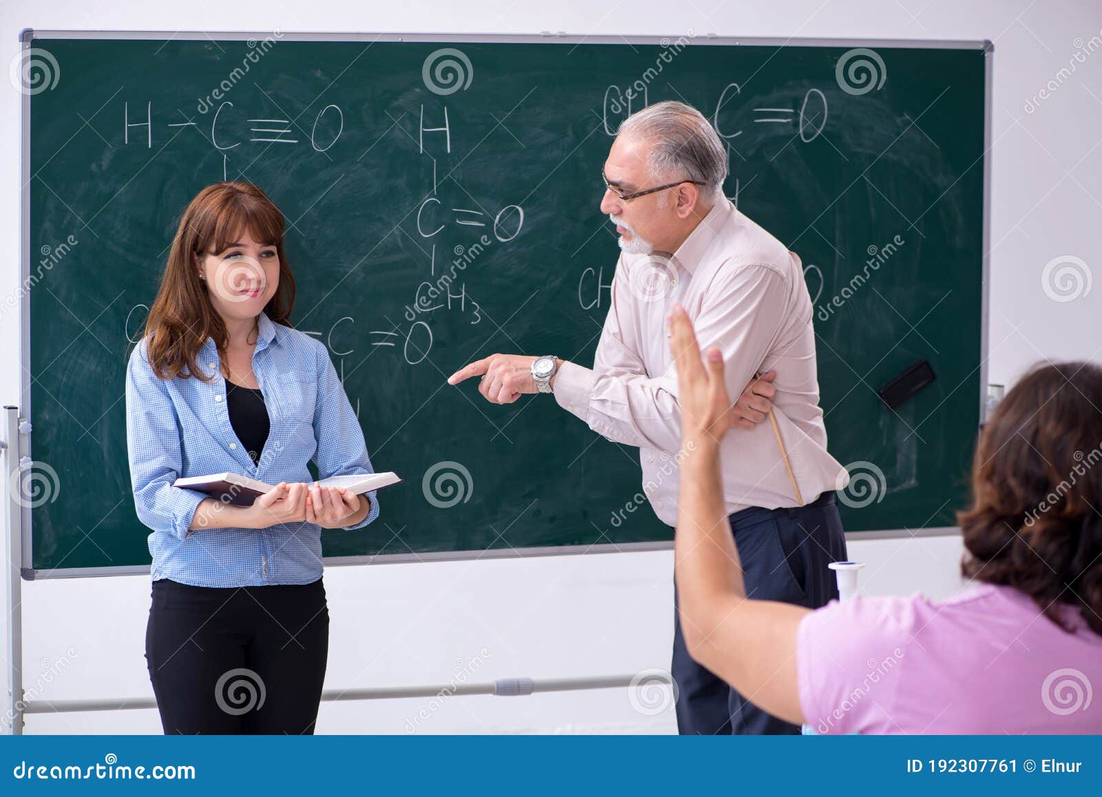 Old Chemist Teacher and Two Students in the Classroom Stock Image ...