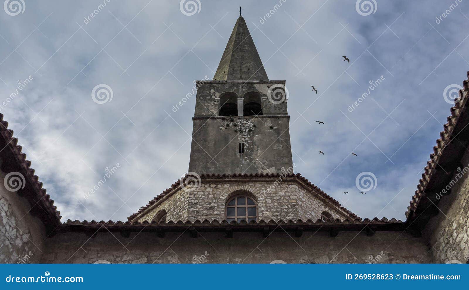 Old Church with Birds Flying Around Stock Image - Image of cross ...