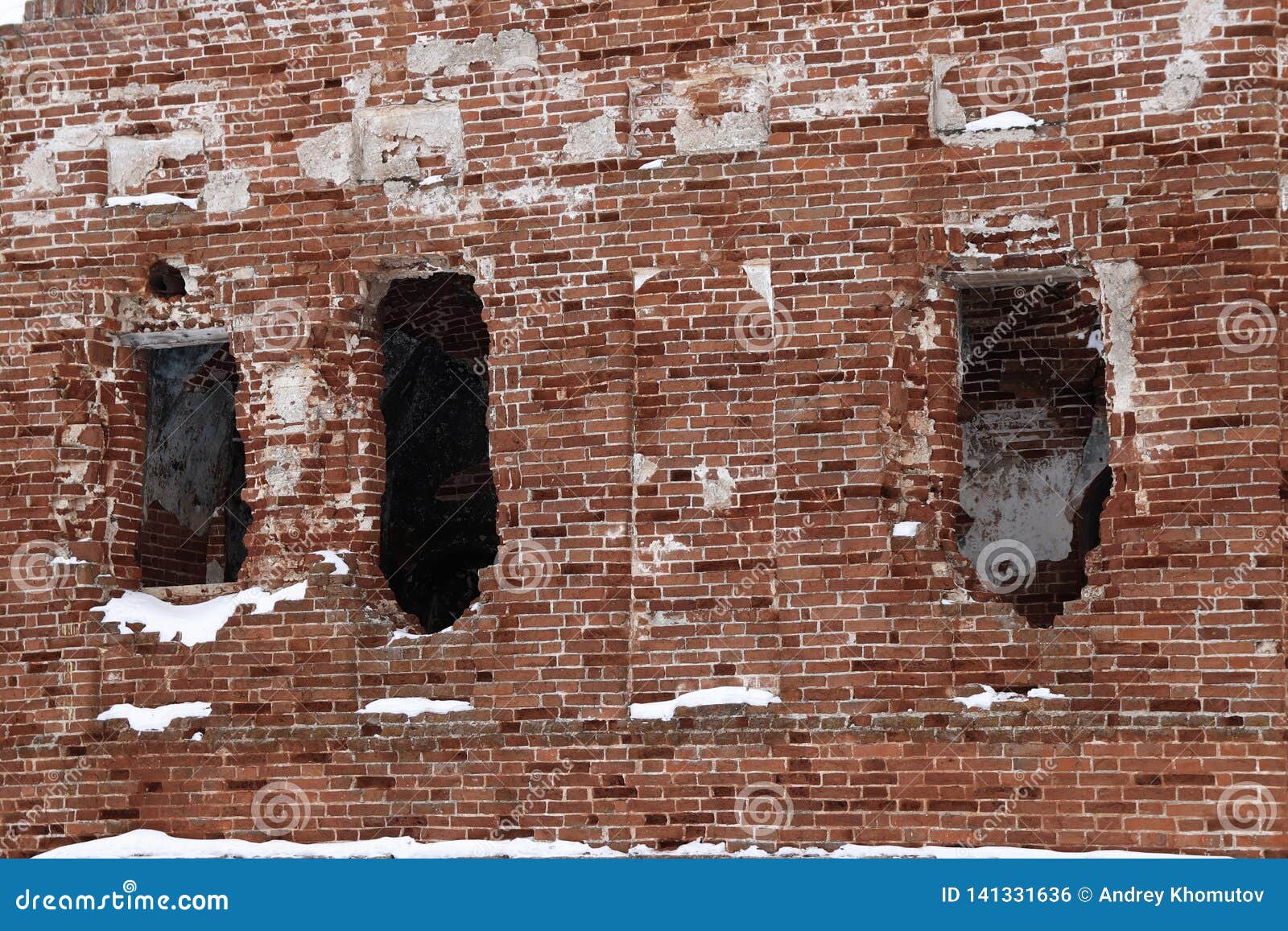 Destroyed Window Openings in the Red Wall Stock Photo - Image of three ...