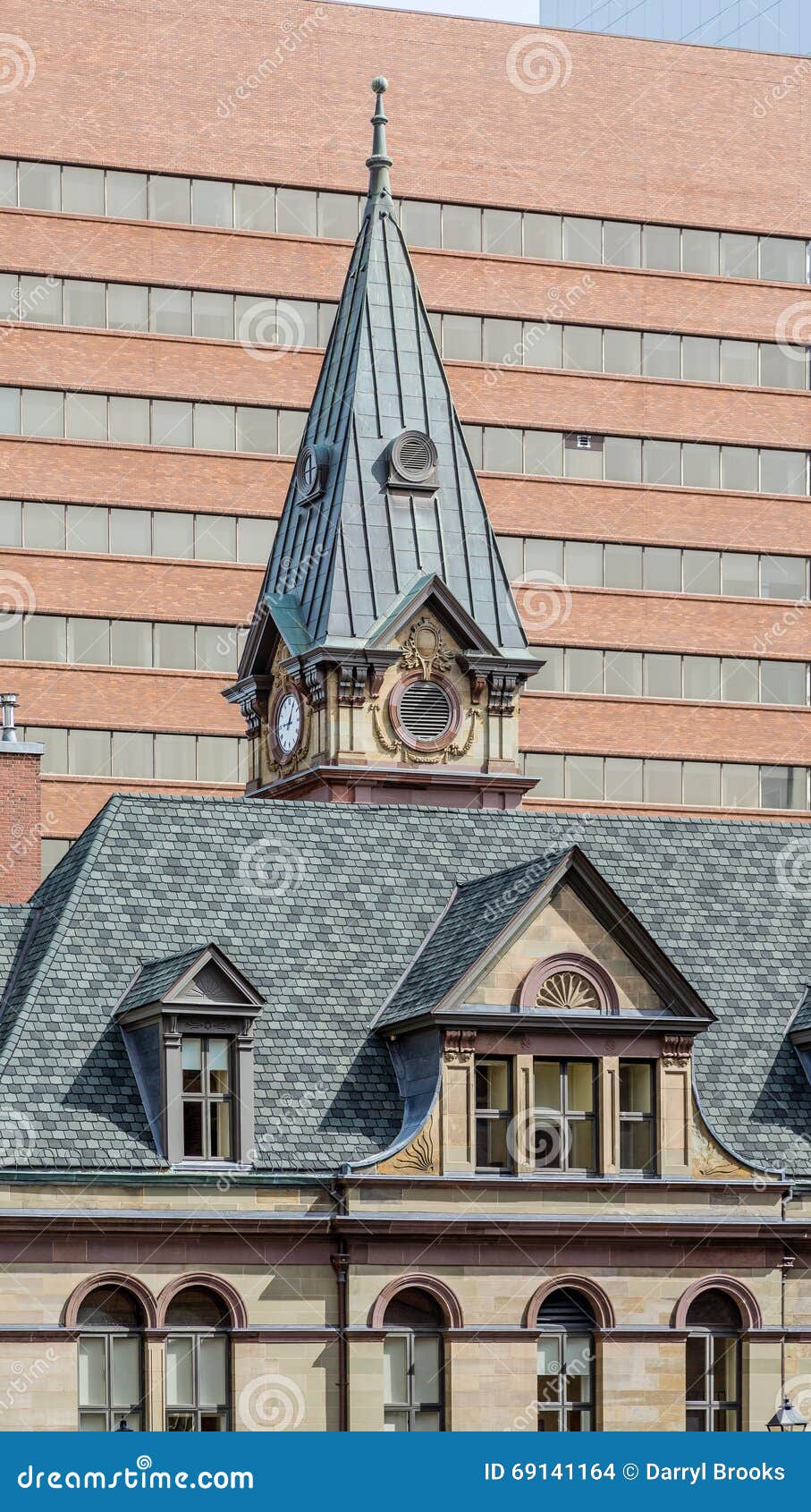 Old Church with Modern Brick Building Stock Photo - Image of catholic ...