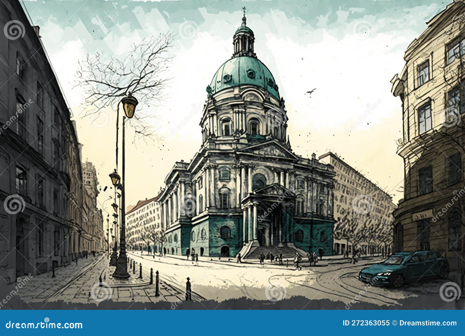 Old City in Berlin Drawing with Bit of Watercolour Stock Illustration ...