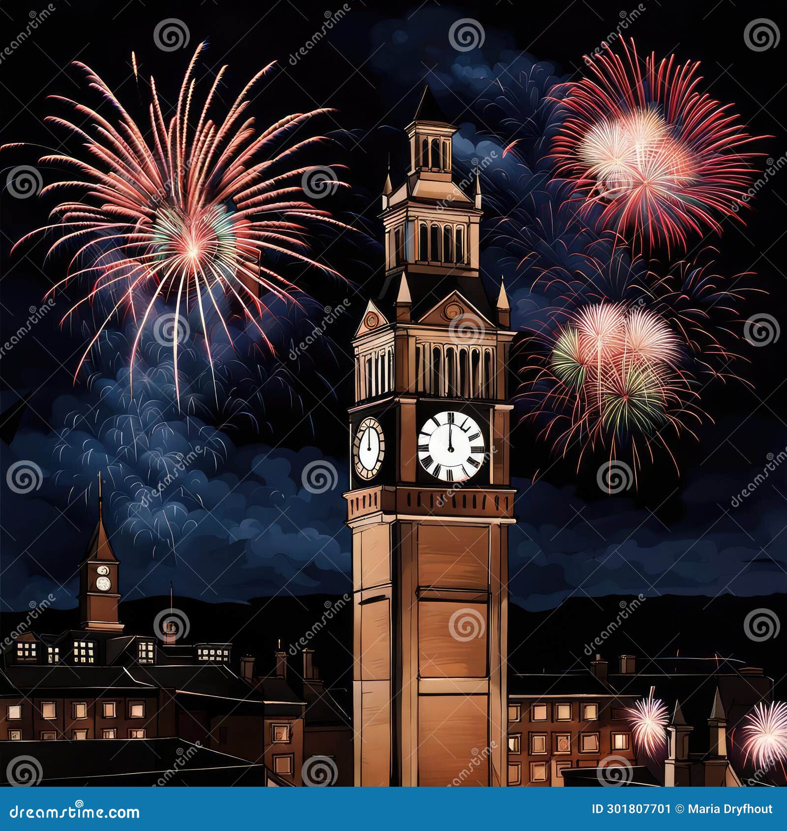 New Year S Eve Fireworks with Clock Tower Stock Illustration ...