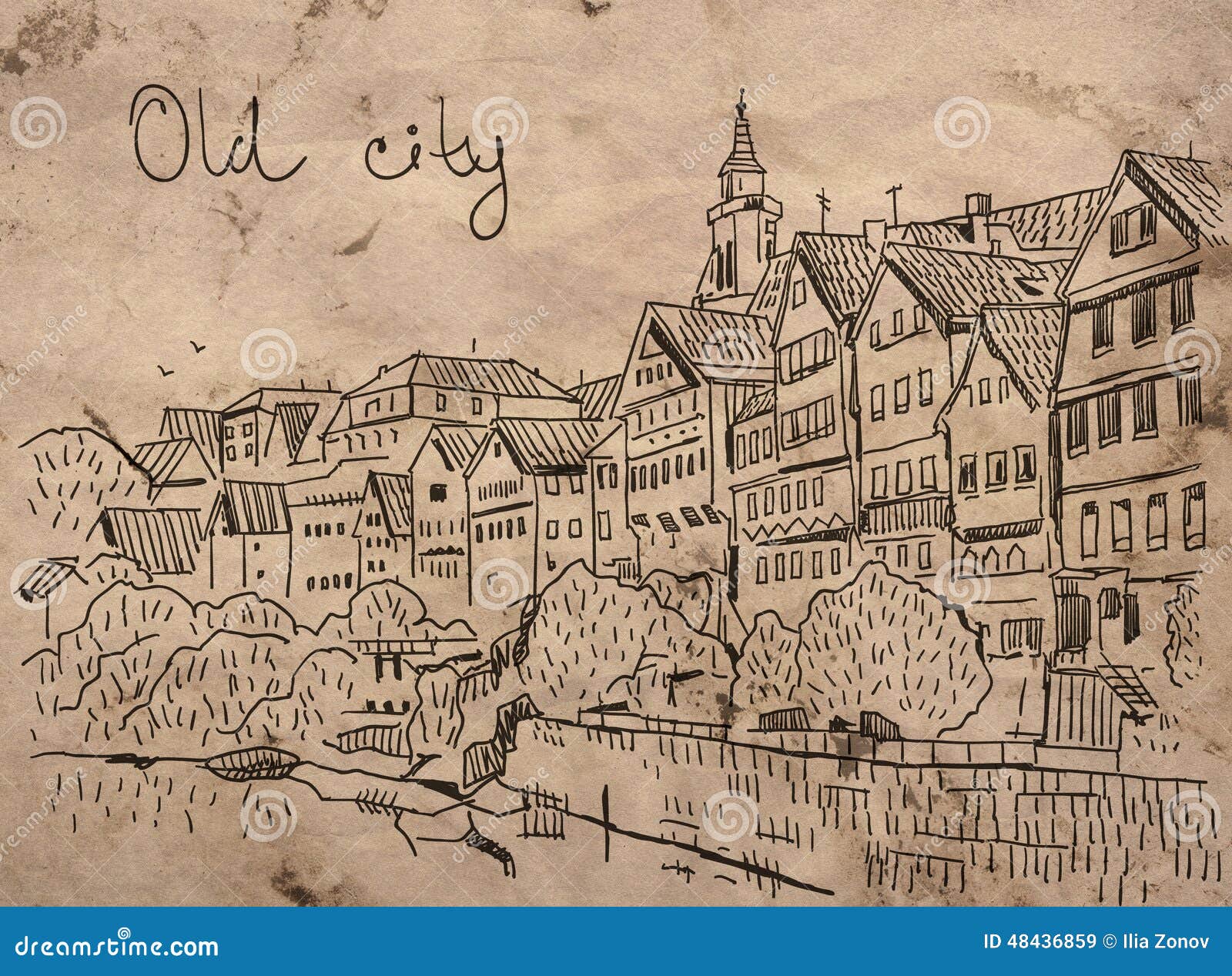 Old city stock illustration. Illustration of pencil, beautiful - 48436859