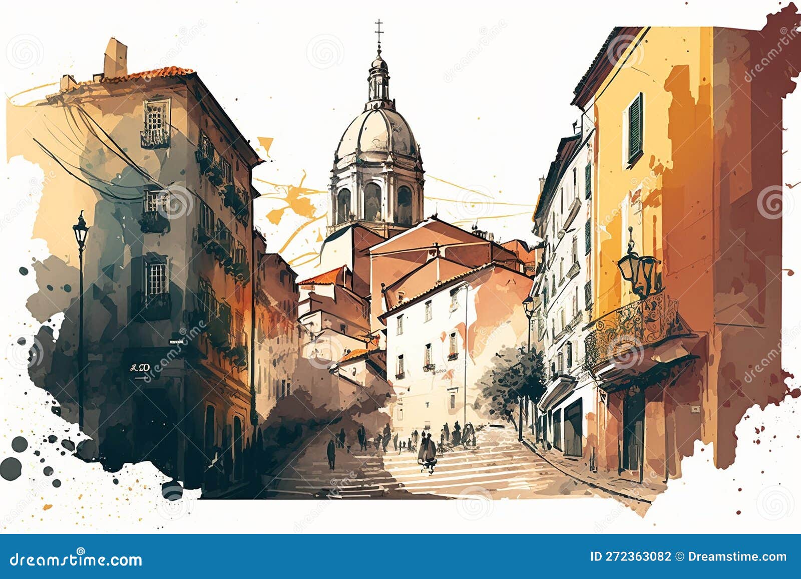 Old City in Lisbon Drawing with Bit of Watercolour Stock Photo - Image ...