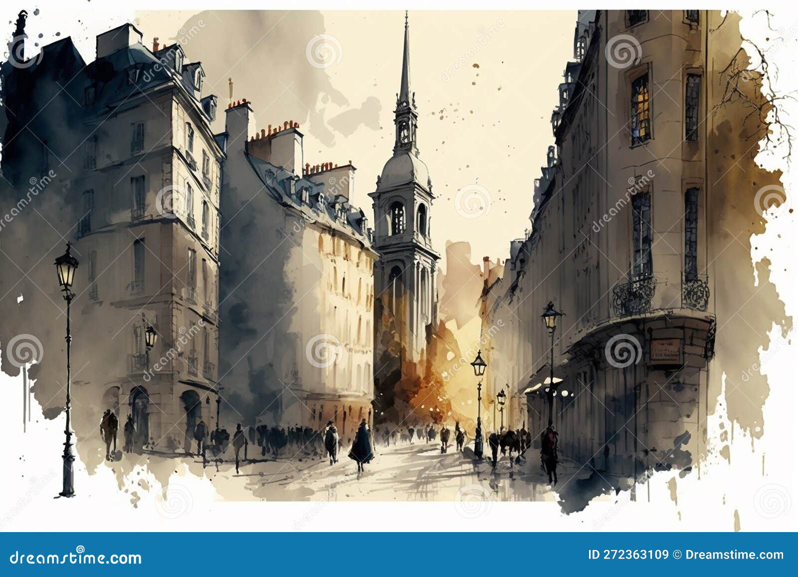 Old City in Paris Drawing with Bit of Watercolour Stock Illustration ...