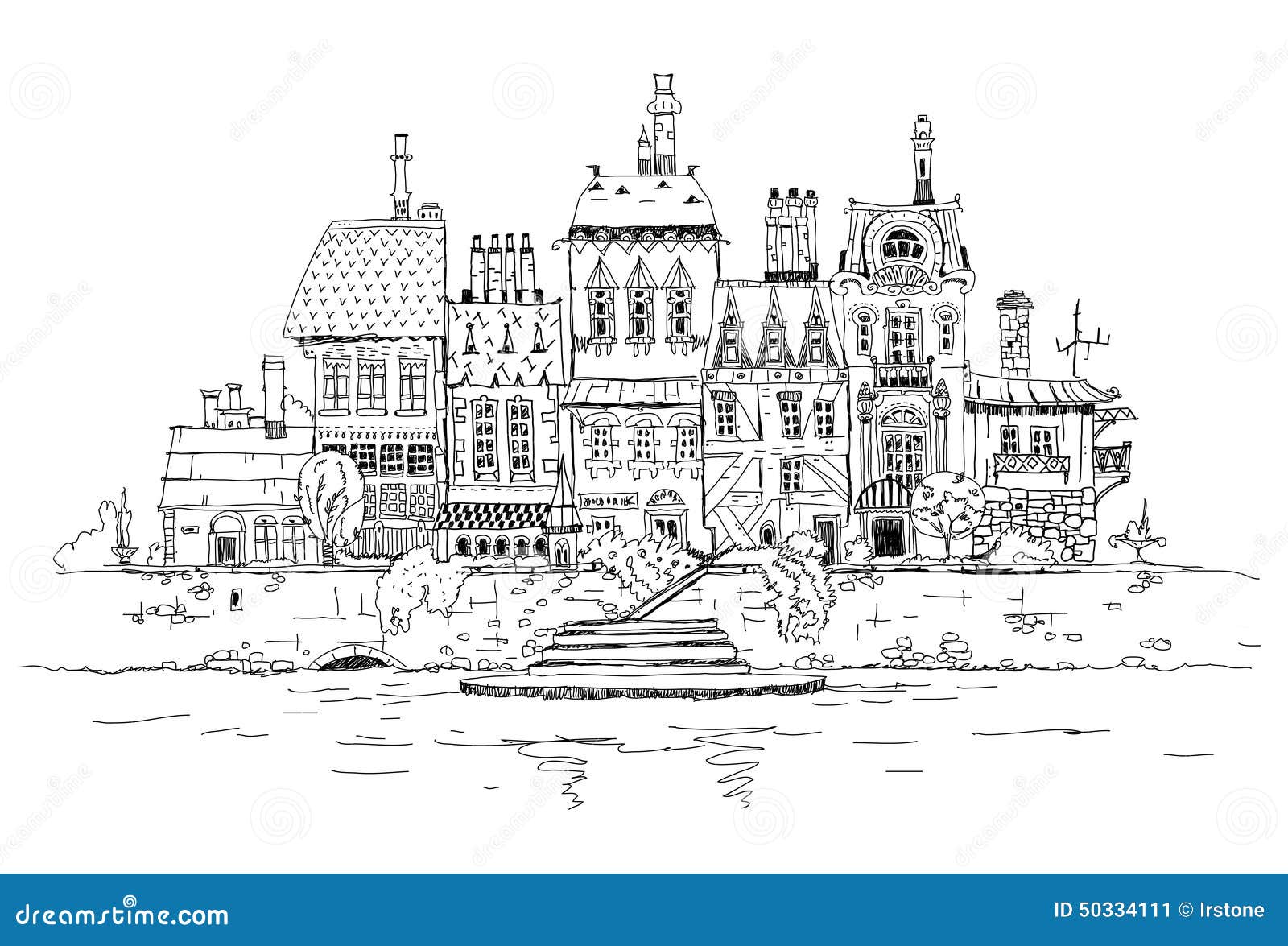 Old City on the River Side. Sketch Collection Stock Illustration ...