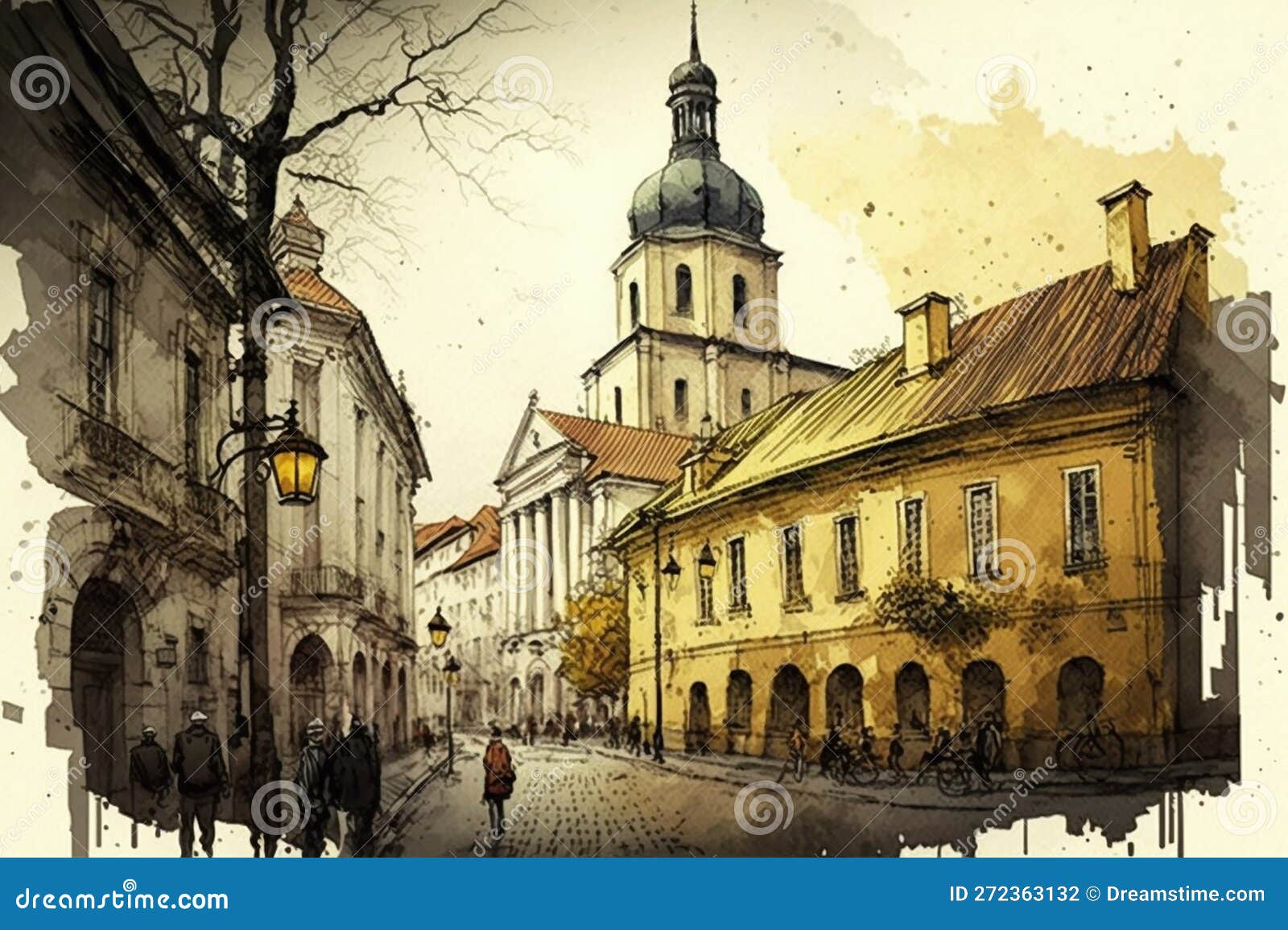 Old City in Vilnius Drawing with Bit of Watercolour Stock Illustration ...