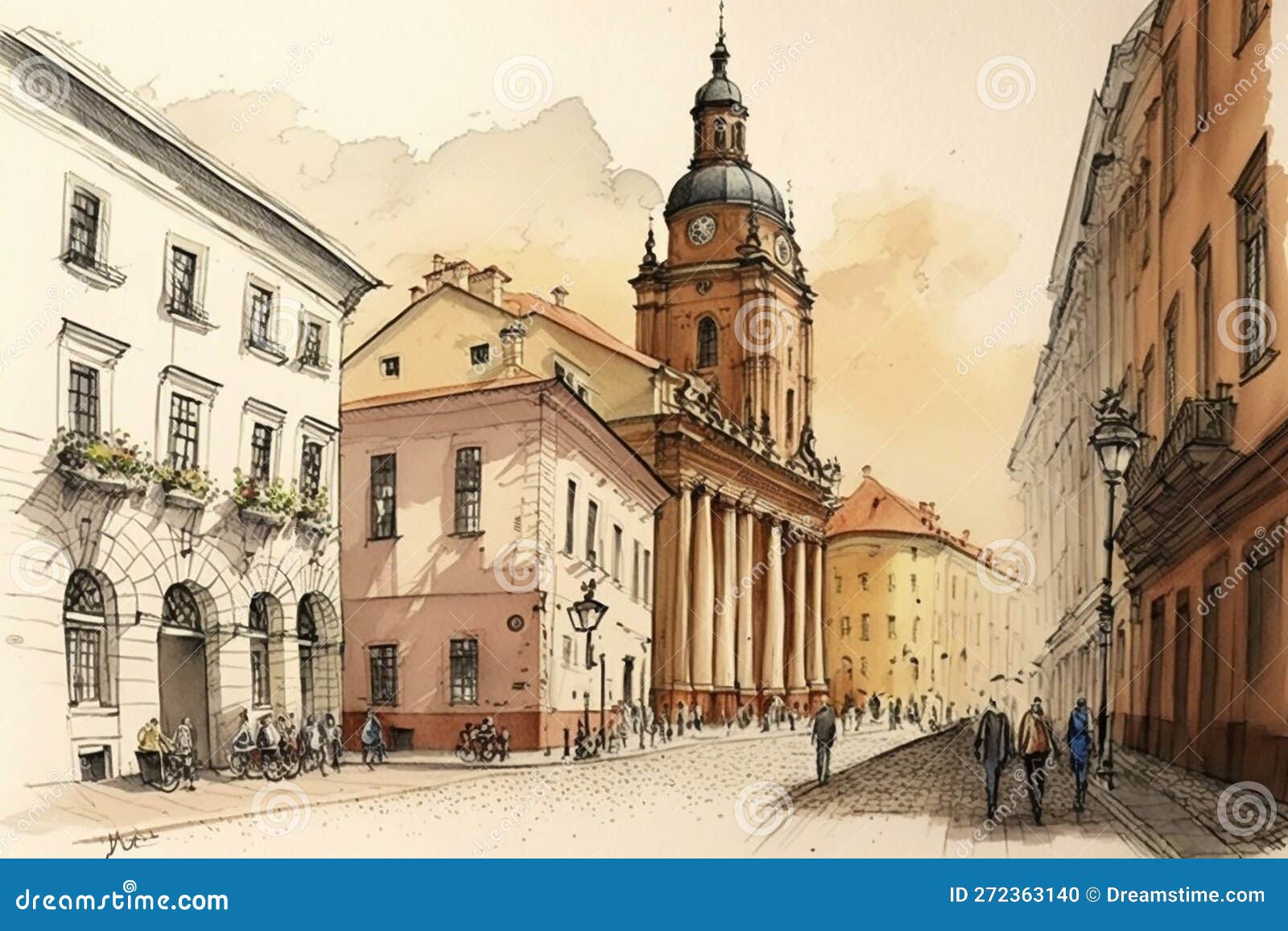 Old City in Vilnius Drawing with Bit of Watercolour Stock Illustration ...