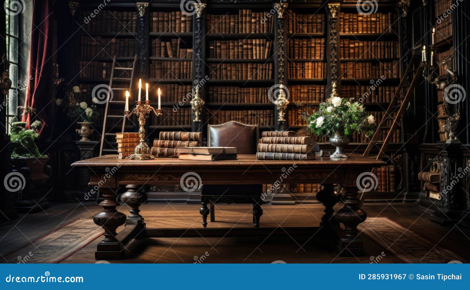 Old Classic Library with Books on Table Stock Illustration ...