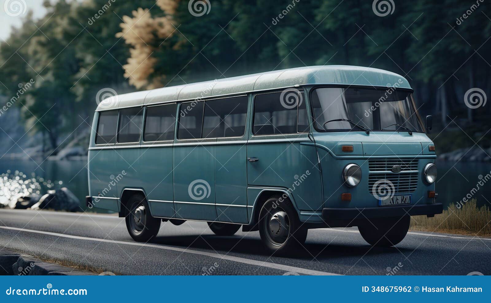 Old Classic Minibus on the Road by the Lake Stock Illustration ...