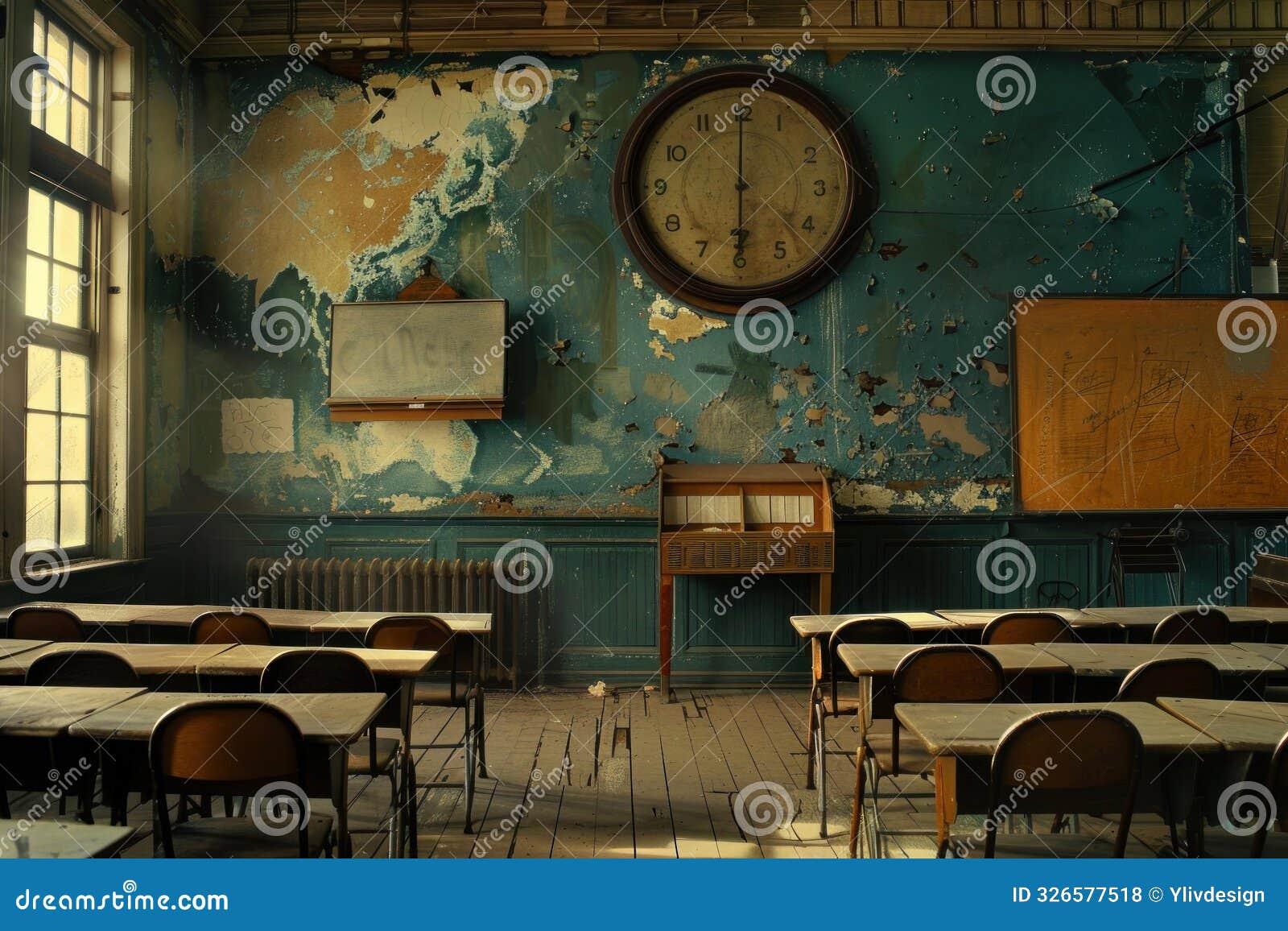 Old Clock Showing almost Five O Clock in Abandoned School Classroom ...