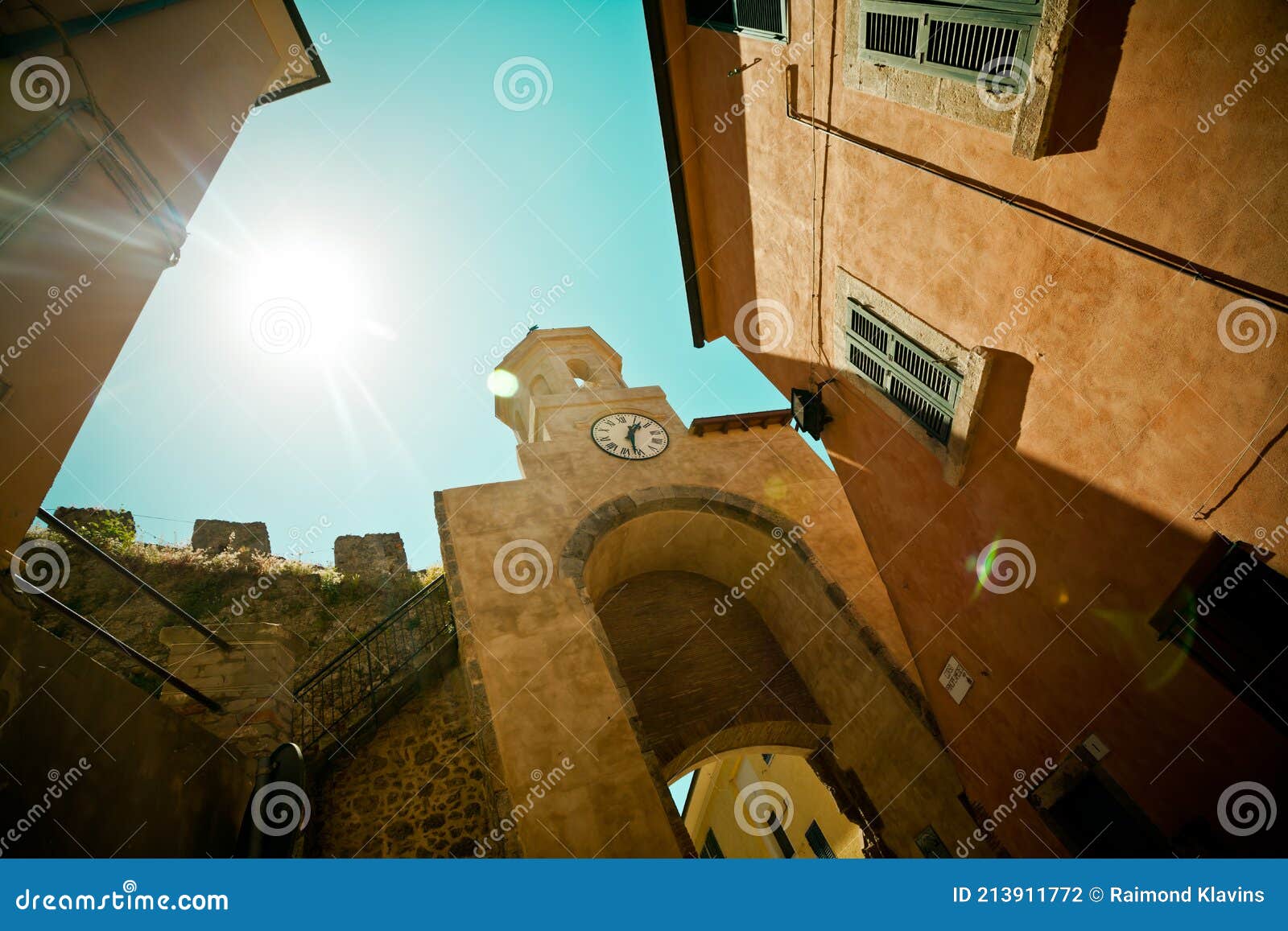 Old Clock on the Tower and Sun Stock Photo - Image of buildings, detail ...