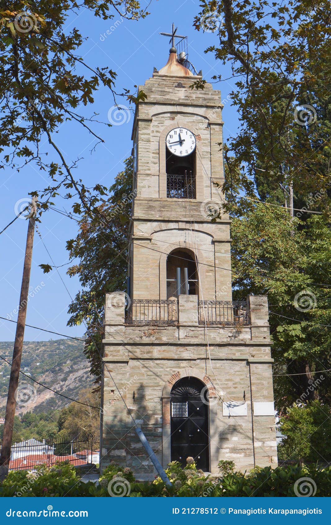 Old Clock Tower at Portaria in Greece Stock Photo - Image of pelio ...
