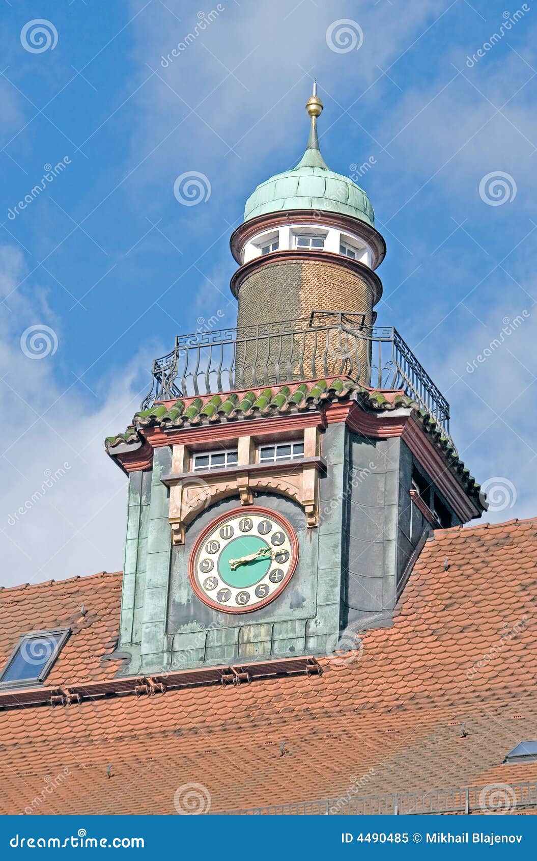 A Clock In A Turret On The Roof Of A Brick Building. Royalty-Free Stock ...