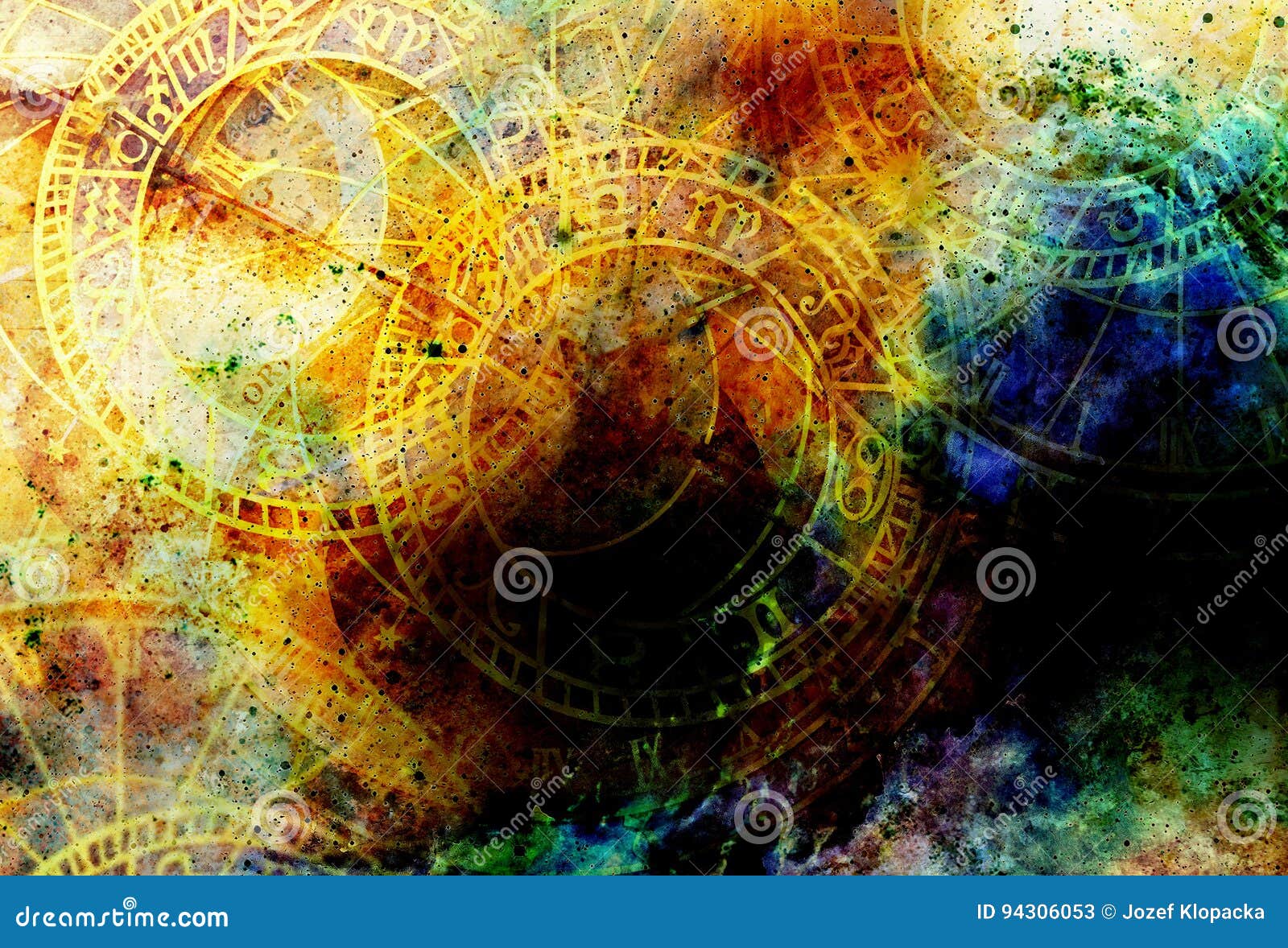 Old Clock and Zodiac Collage. Abstract Color Background. Stock ...
