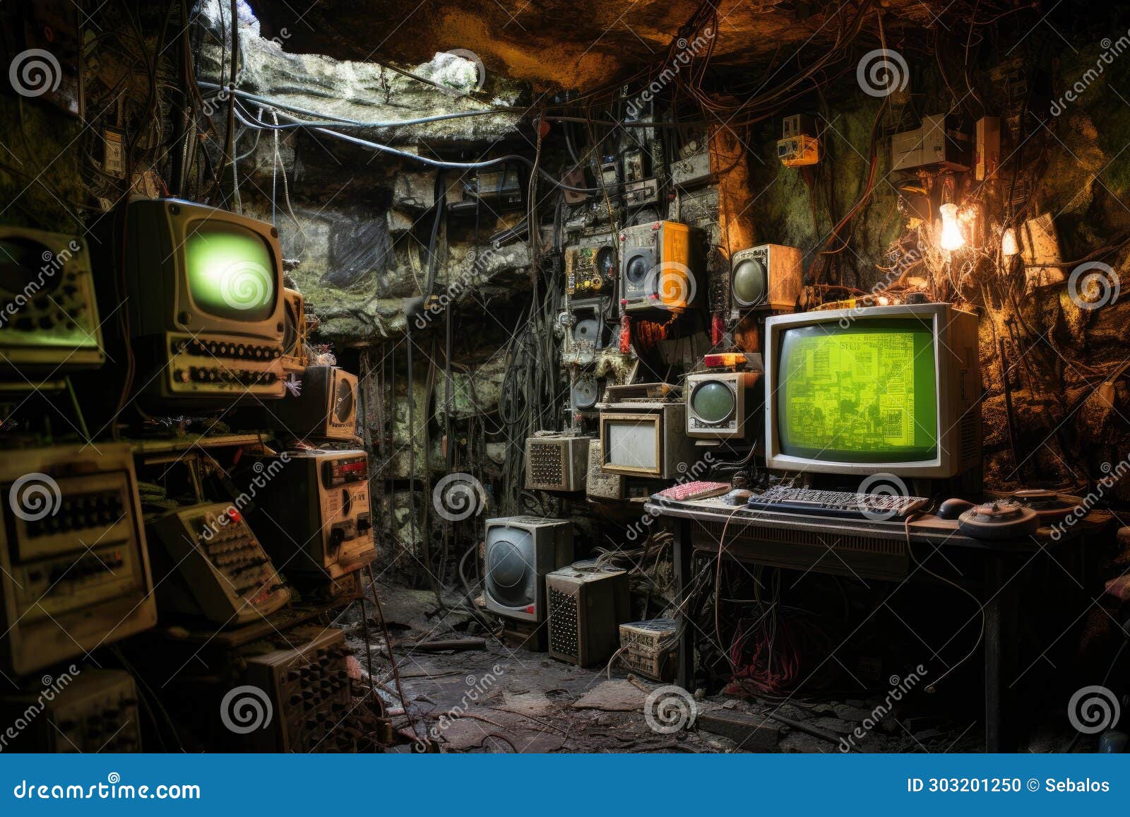 An Old, Cluttered Room Filled with Green-screen Computers, Tangled ...