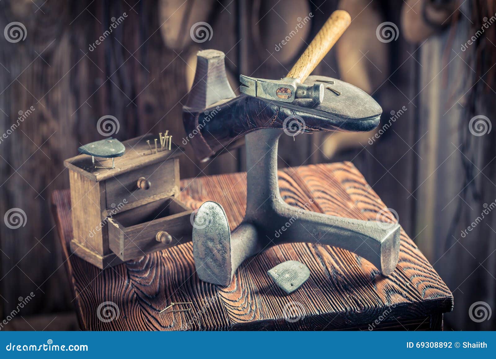Old Cobbler Workplace with Tools, Shoes and Leather Stock Photo - Image ...