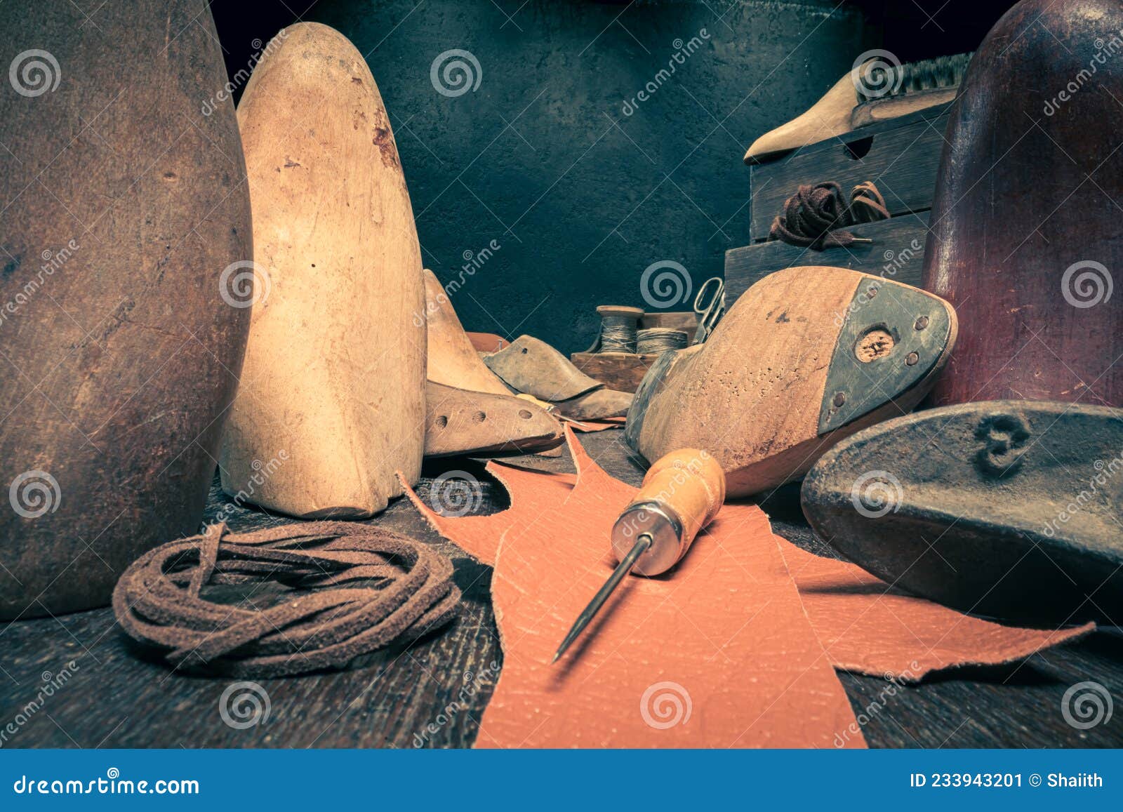 Old Cobbler Workplace with Tools, Strap, Leather and Rules Stock Image ...