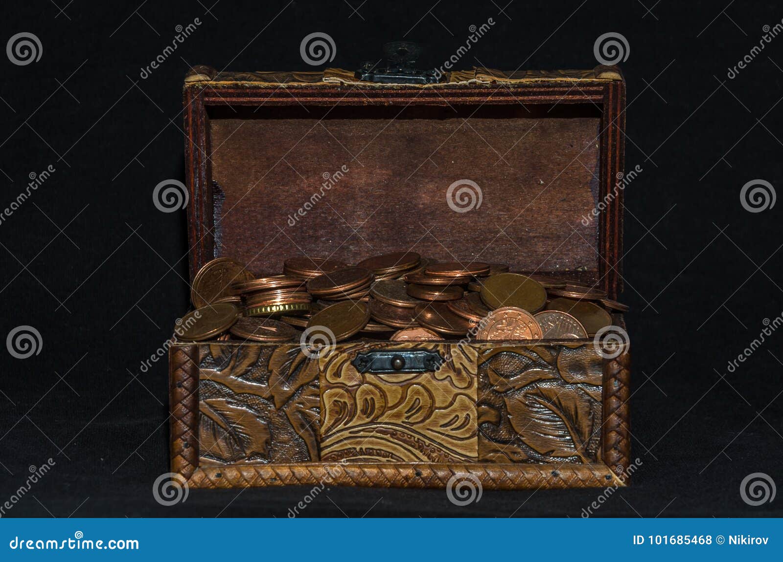 Old Coffer with Coins on a Black Background Stock Photo - Image of ...