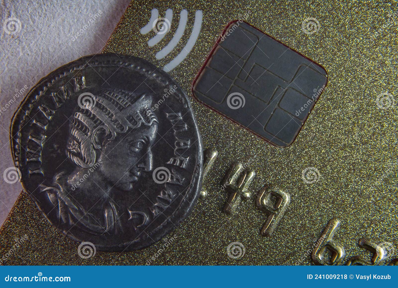 Old coin near the NFC chip editorial stock photo. Image of bank - 241009218