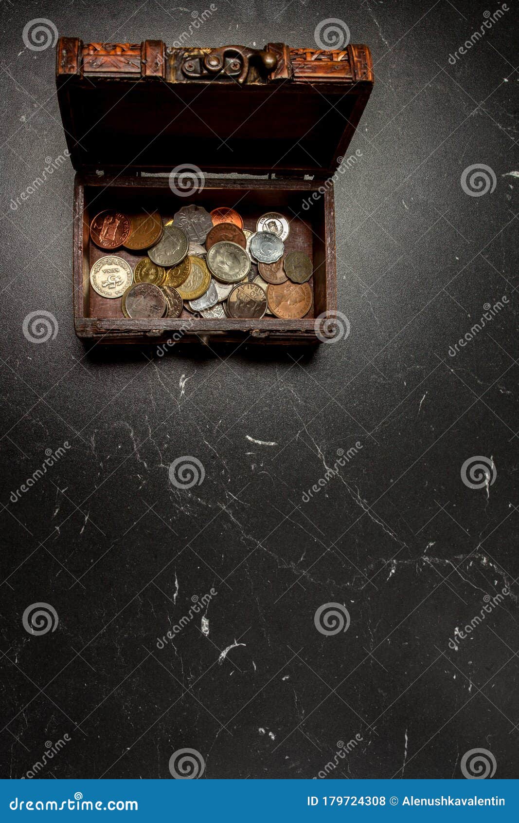 Old Coins Collection in Wooden Chest Box Stock Photo - Image of golden ...