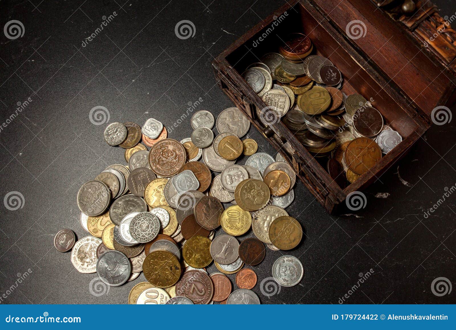 Old Coins Collection in Wooden Chest Box Stock Photo - Image of metal ...