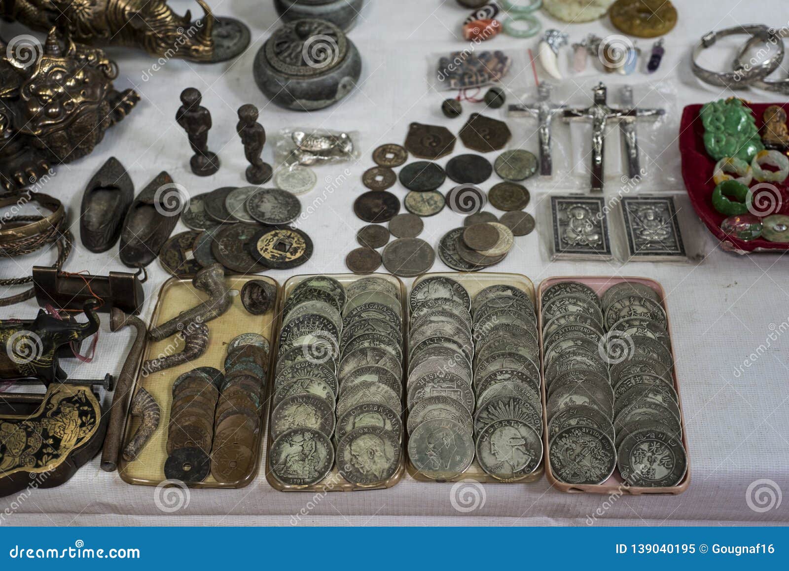 Old Coins and Metallic Vintage Objects Presented on an Antics Market`s ...