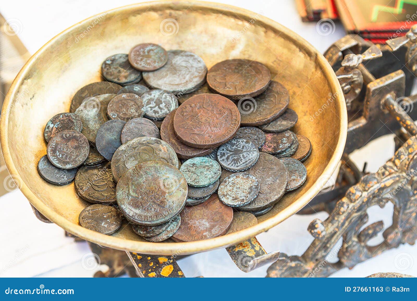 Old coins on scales stock image. Image of copper, currency - 27661163