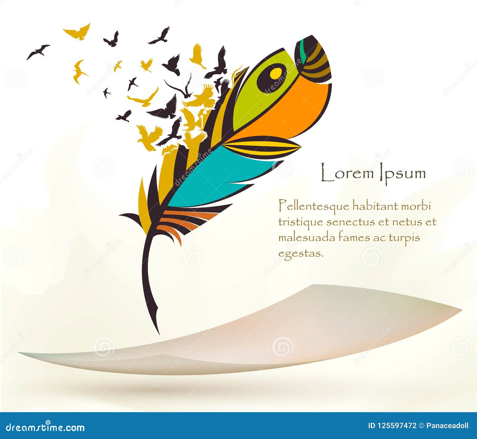 Old Colorful Feather with Flying Paper Stock Illustration ...