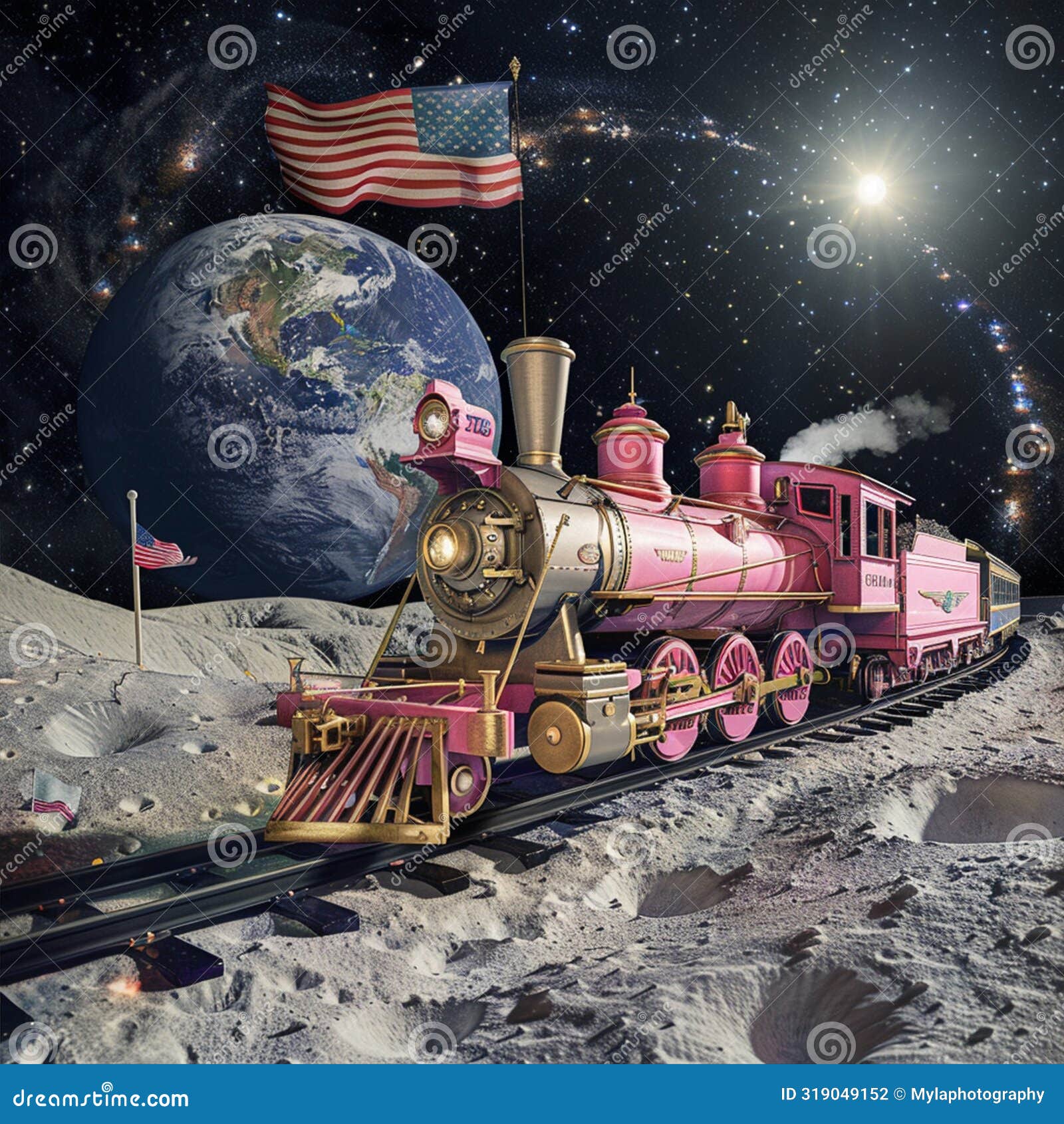 Old Commuter Train on Another Planet, with Moon and Earth in the ...