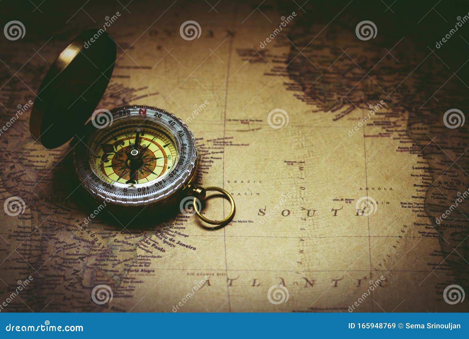 Old Compass on Antique Map. Stock Image - Image of brown, longitude ...
