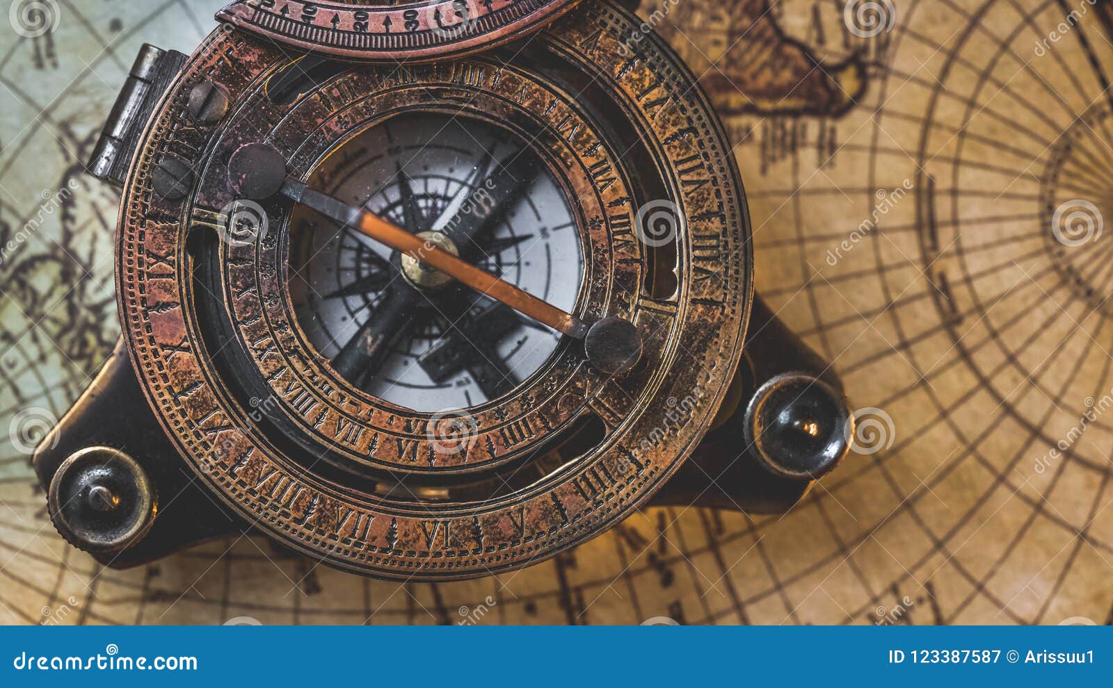 Old Compass on World Map stock image. Image of glass - 123387587