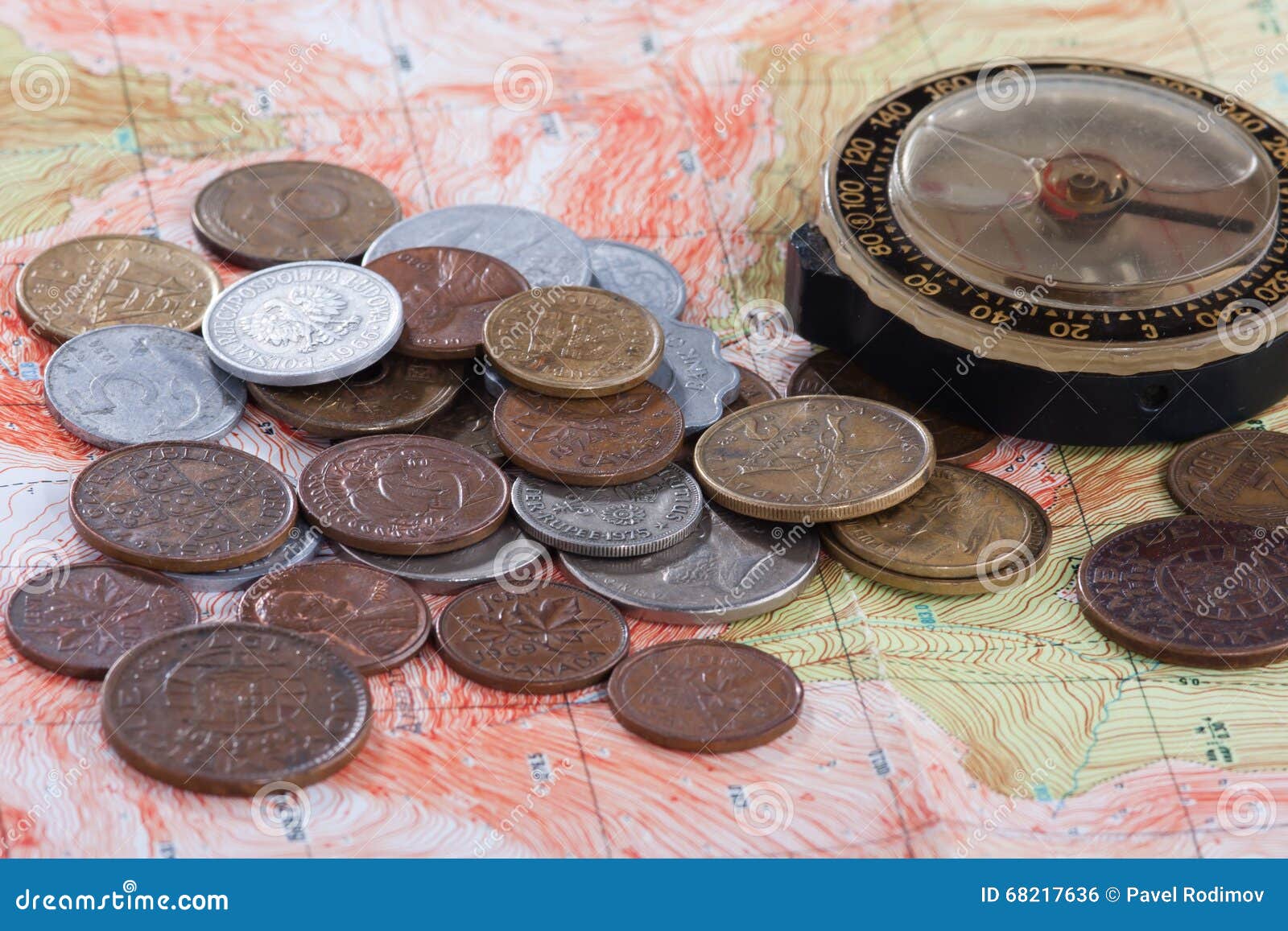 Old Compass and Coins on the Map Stock Photo - Image of currency, trip ...