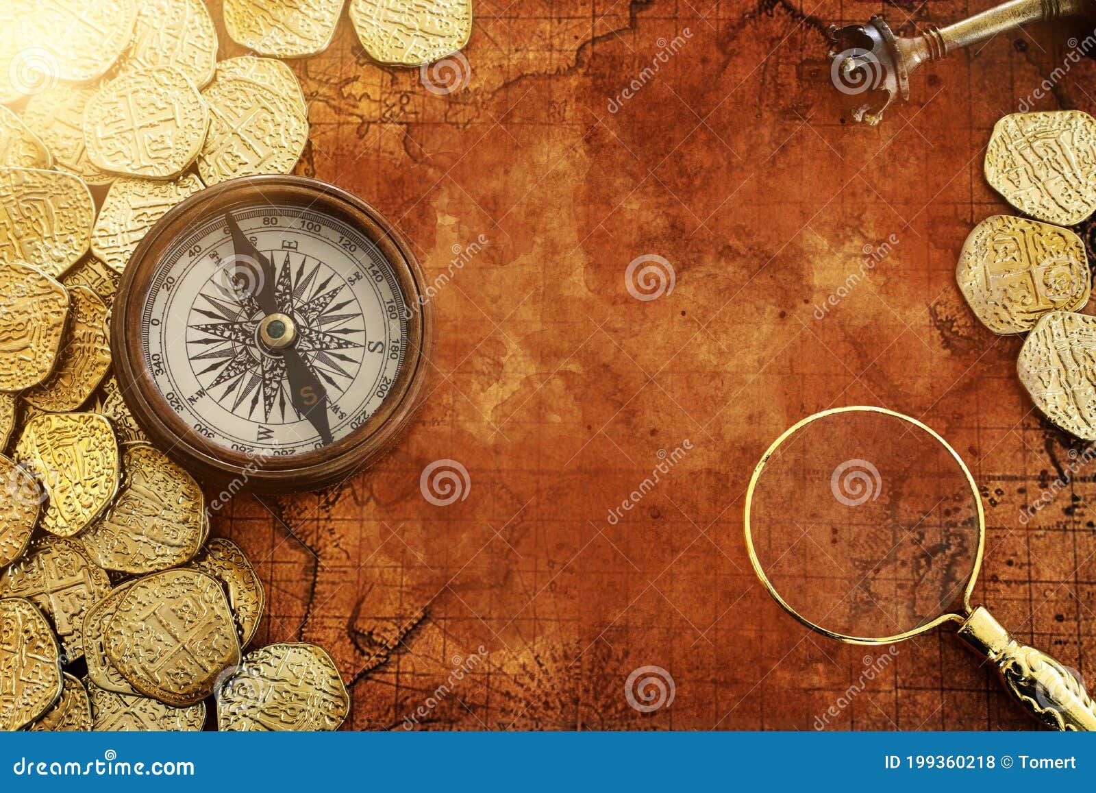 Coins In Treasure Chest With Compass And Magnifying Glass Royalty-Free ...
