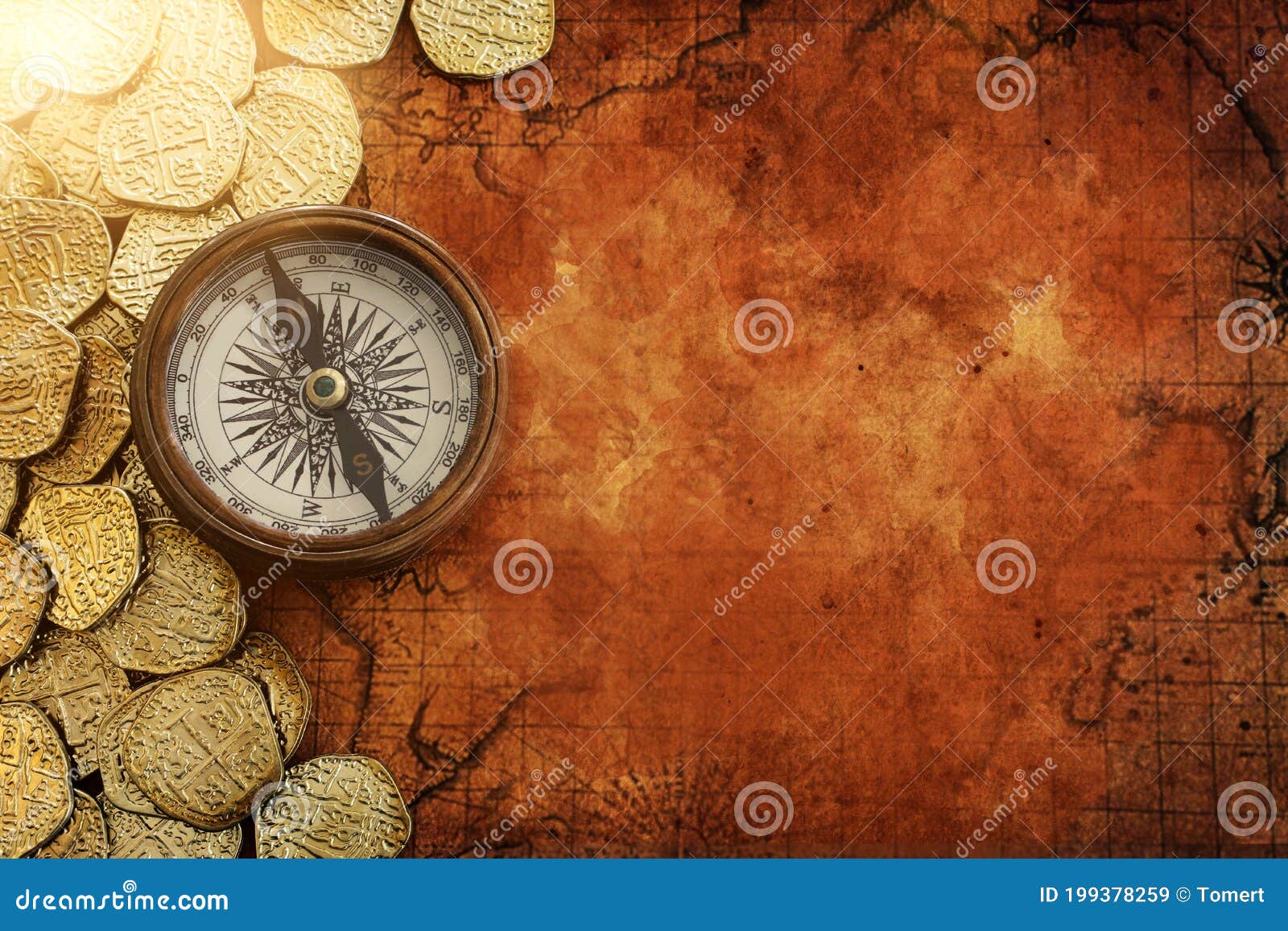 Coins In Treasure Chest With Compass And Magnifying Glass Royalty-Free ...