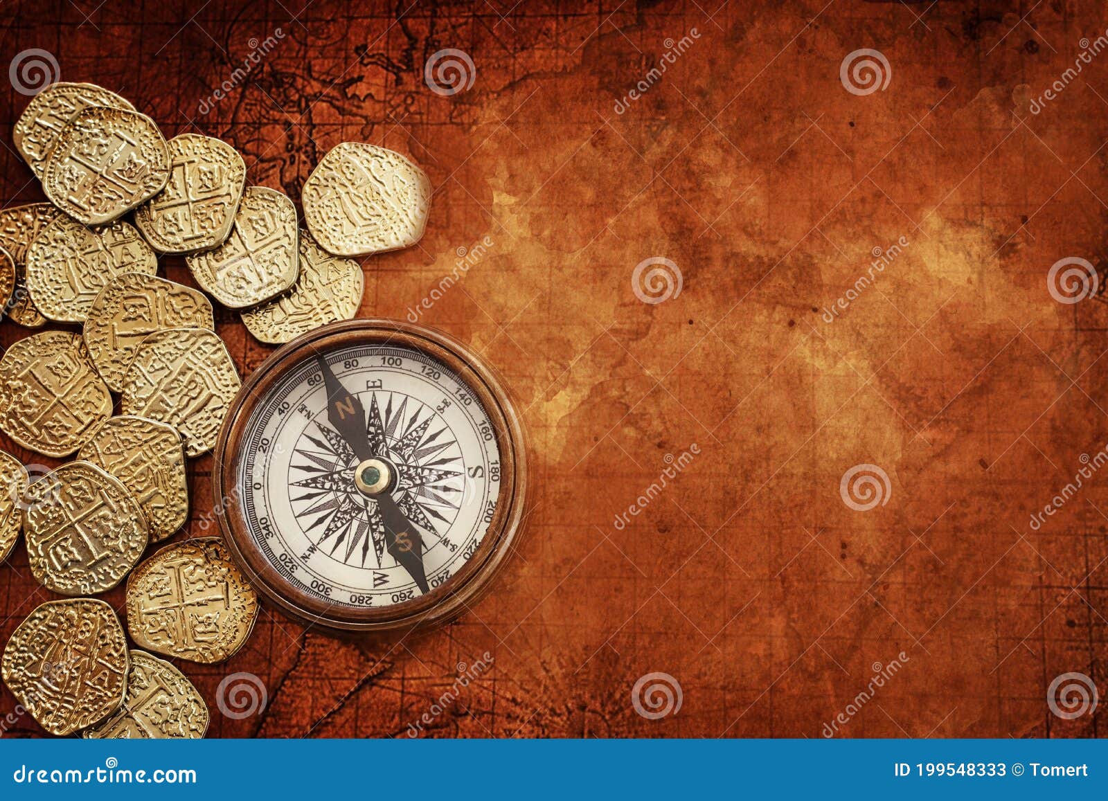 Coins In Treasure Chest With Compass And Magnifying Glass Royalty-Free ...