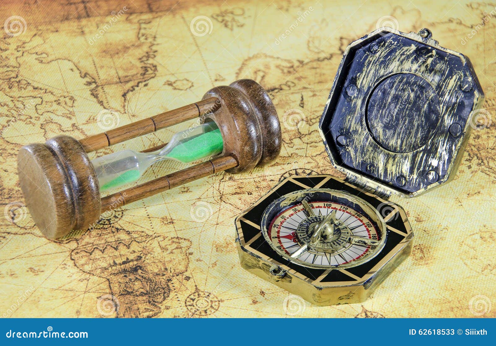 Old Compass and Hourglass on a Old World Map Stock Image - Image of ...