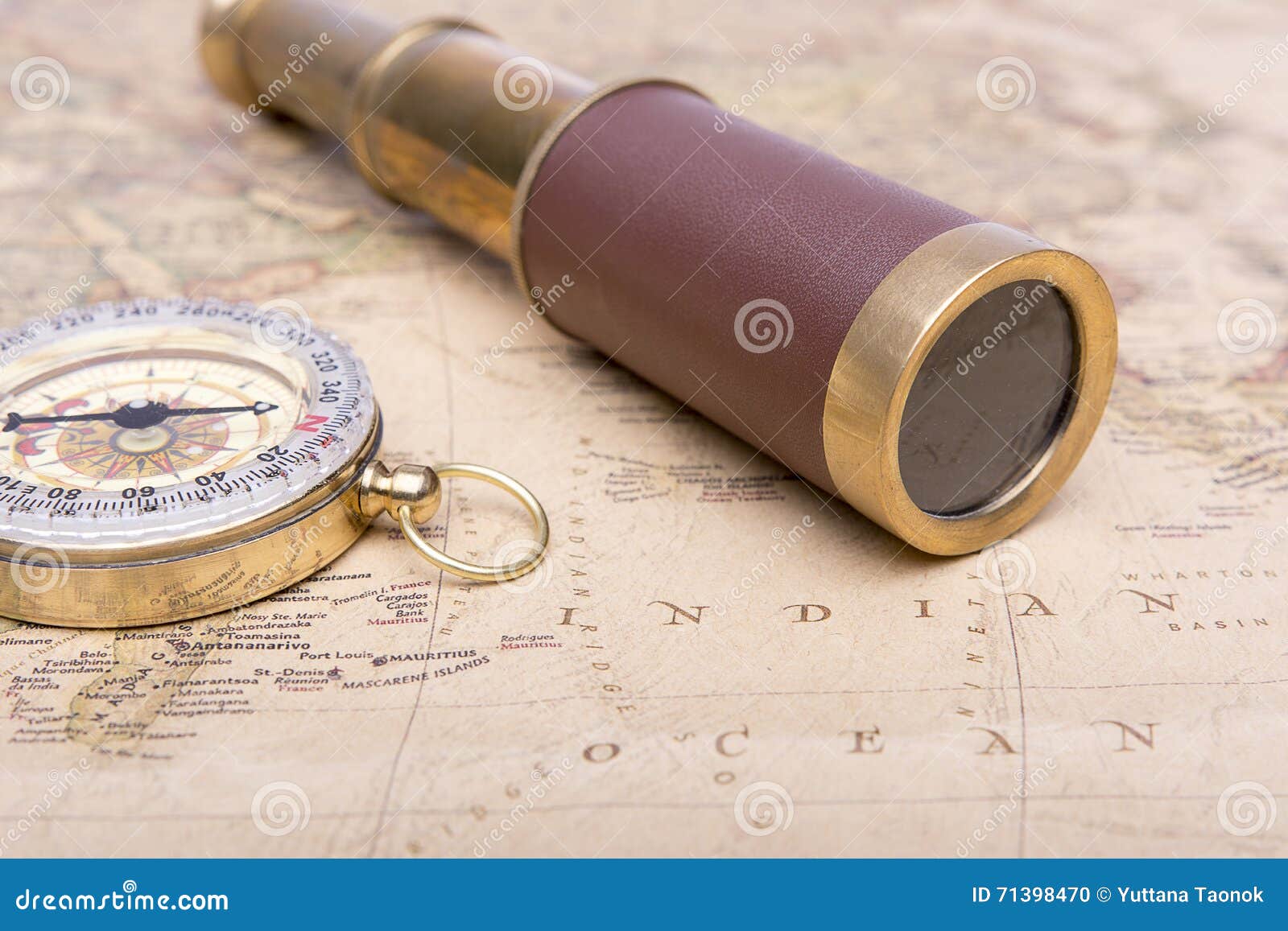 Old Compass and Old Telescope on Vintage Map World Explorer Concept ...