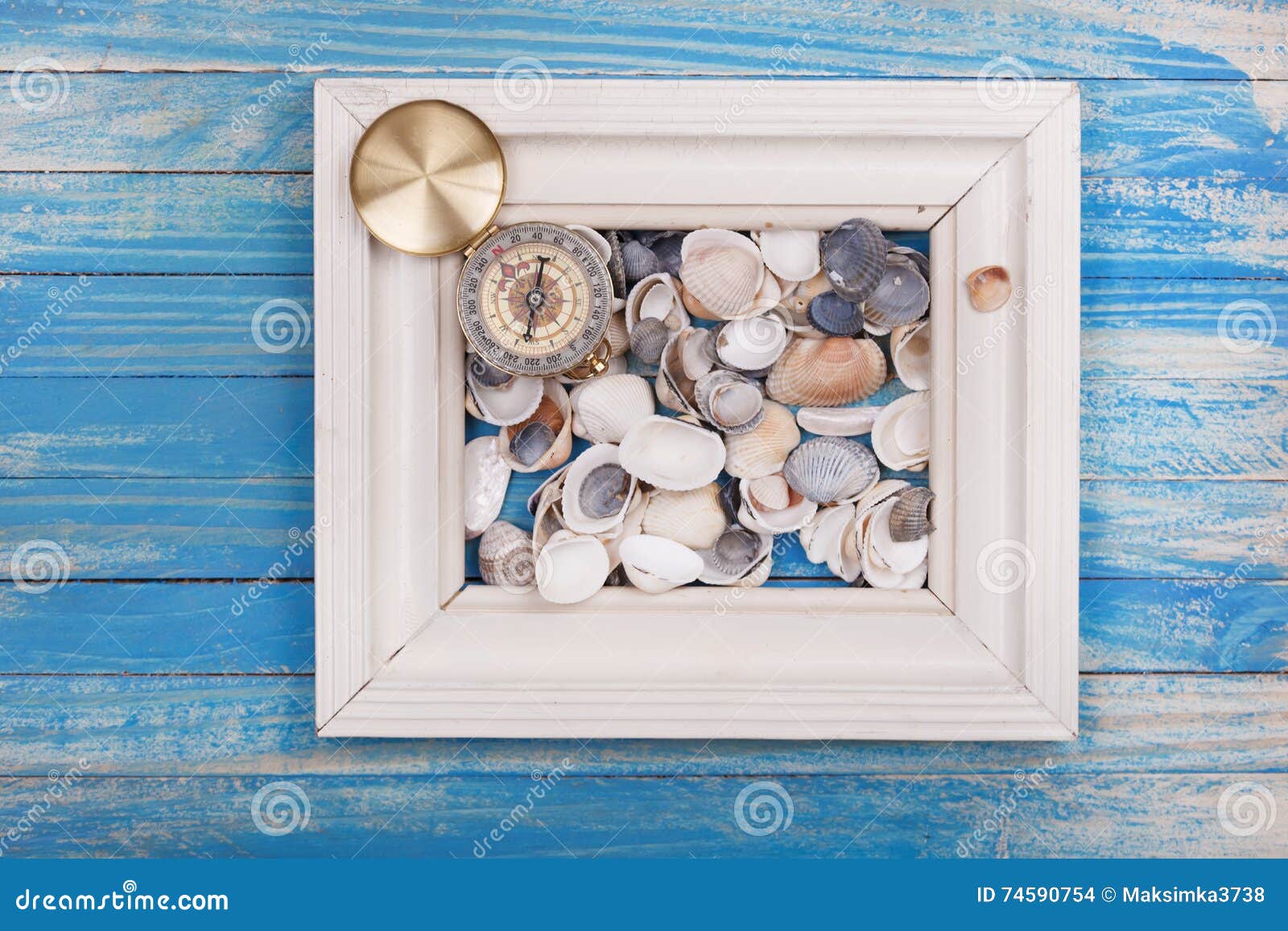 Old Compass in Photo Frame on Blue Background Stock Illustration ...